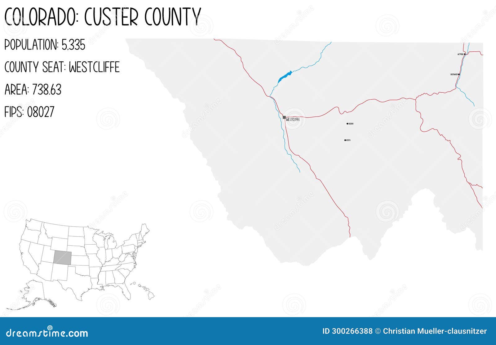 Map of Custer County in Colorado, USA Stock Vector - Illustration of ...
