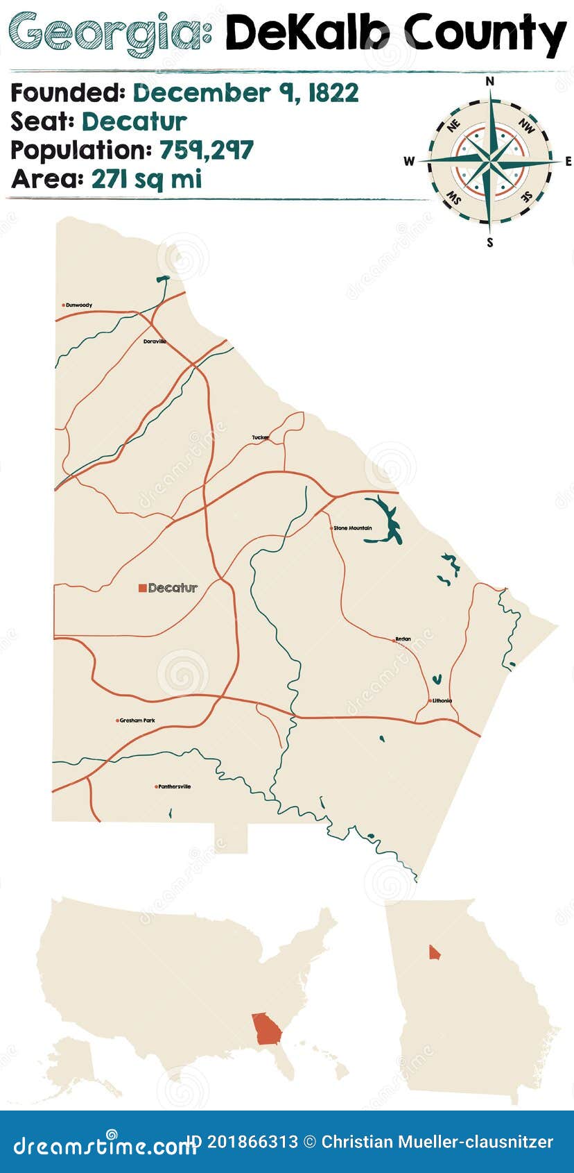 Map of DeKalb County in Georgia Stock Vector - Illustration of colors ...