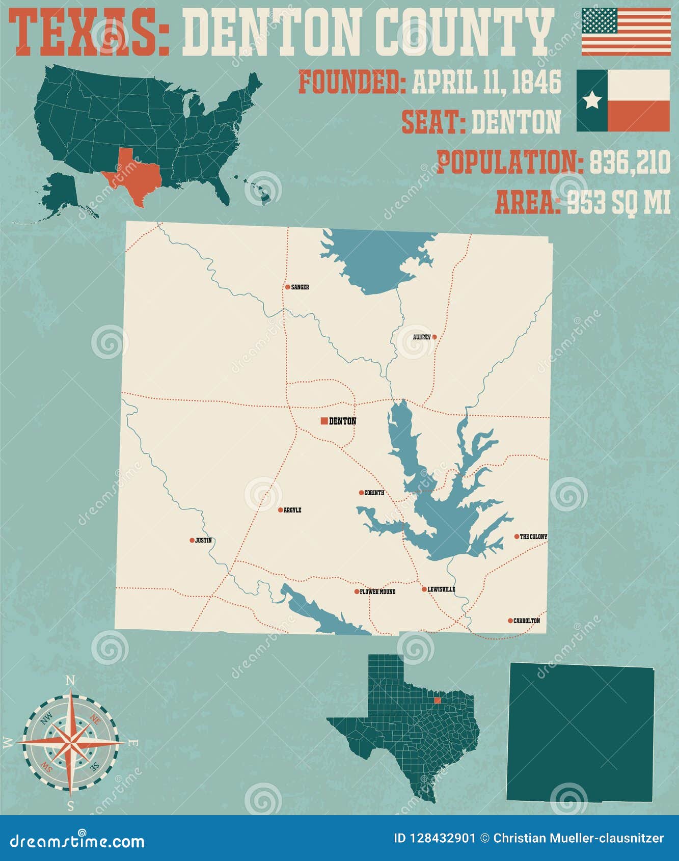 Map of Denton County in Texas Stock Vector - Illustration of america ...
