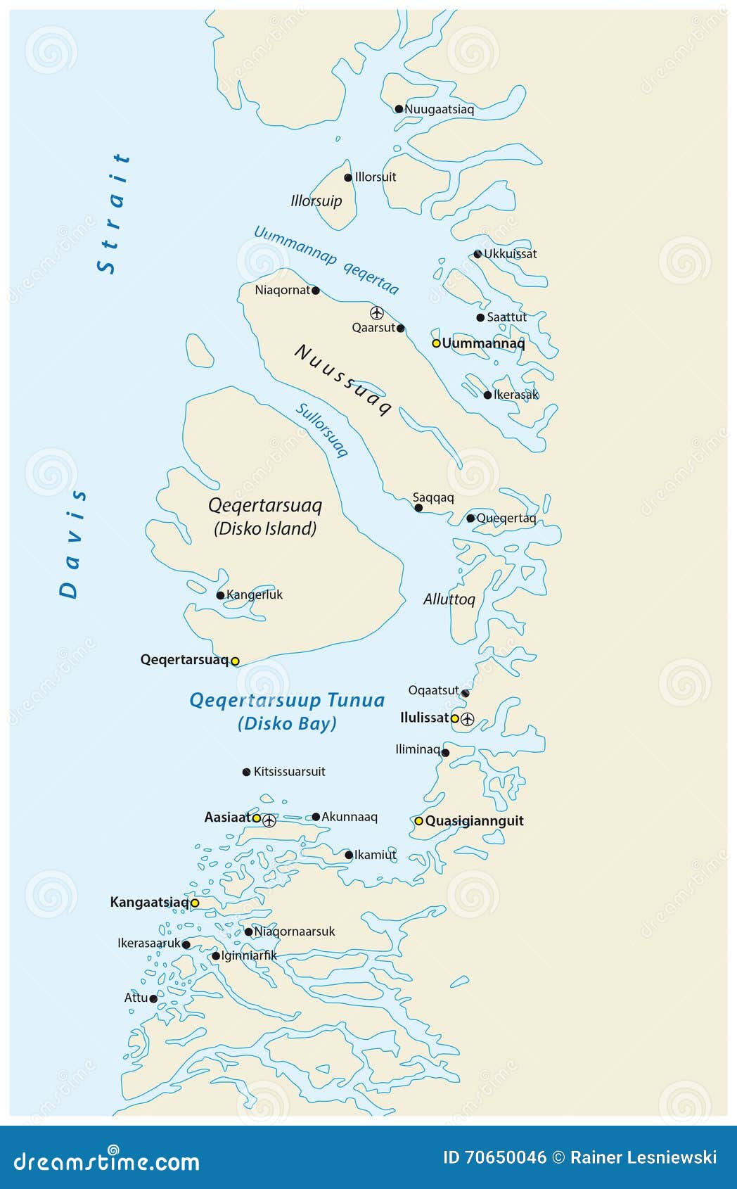 Map of Disko Bay, Greenland Stock Illustration - Illustration of coast ...