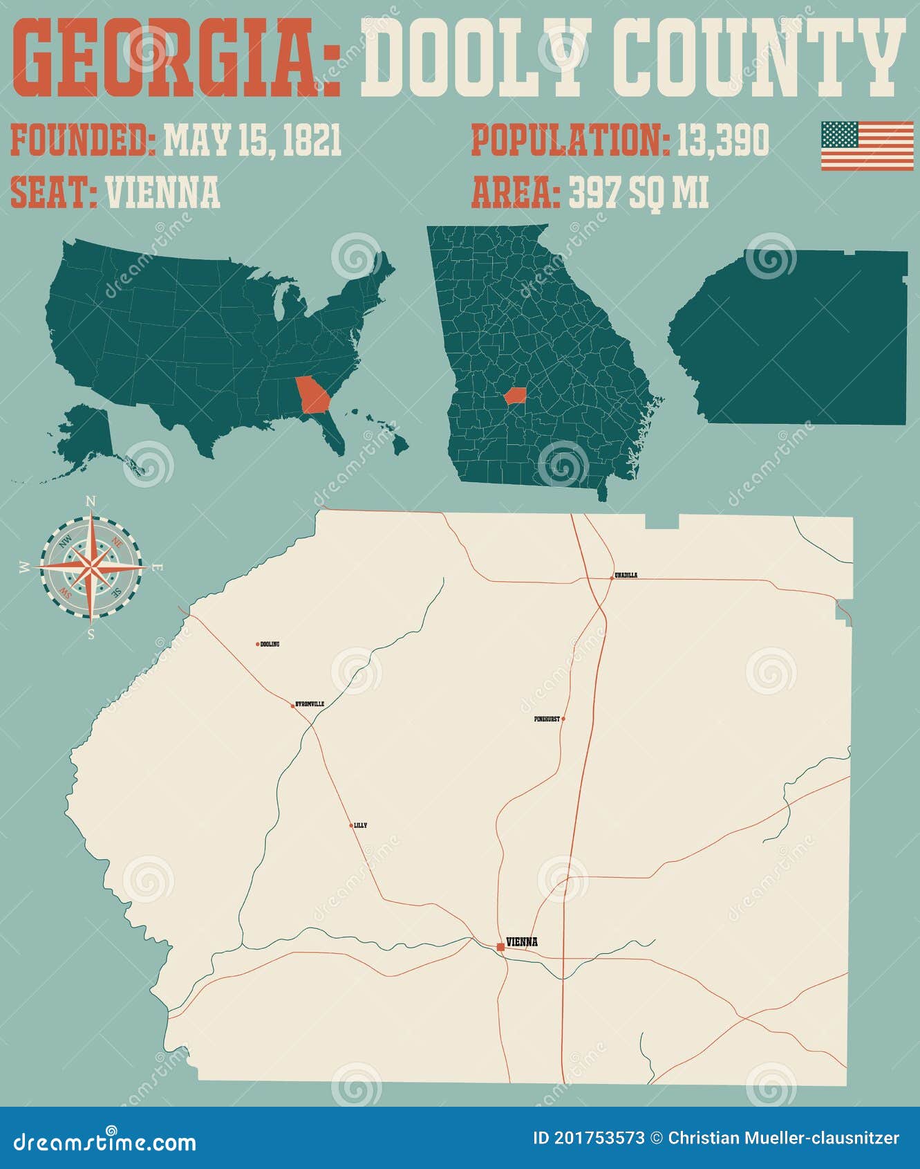 Map of Dooly County in Georgia Stock Vector - Illustration of highway ...