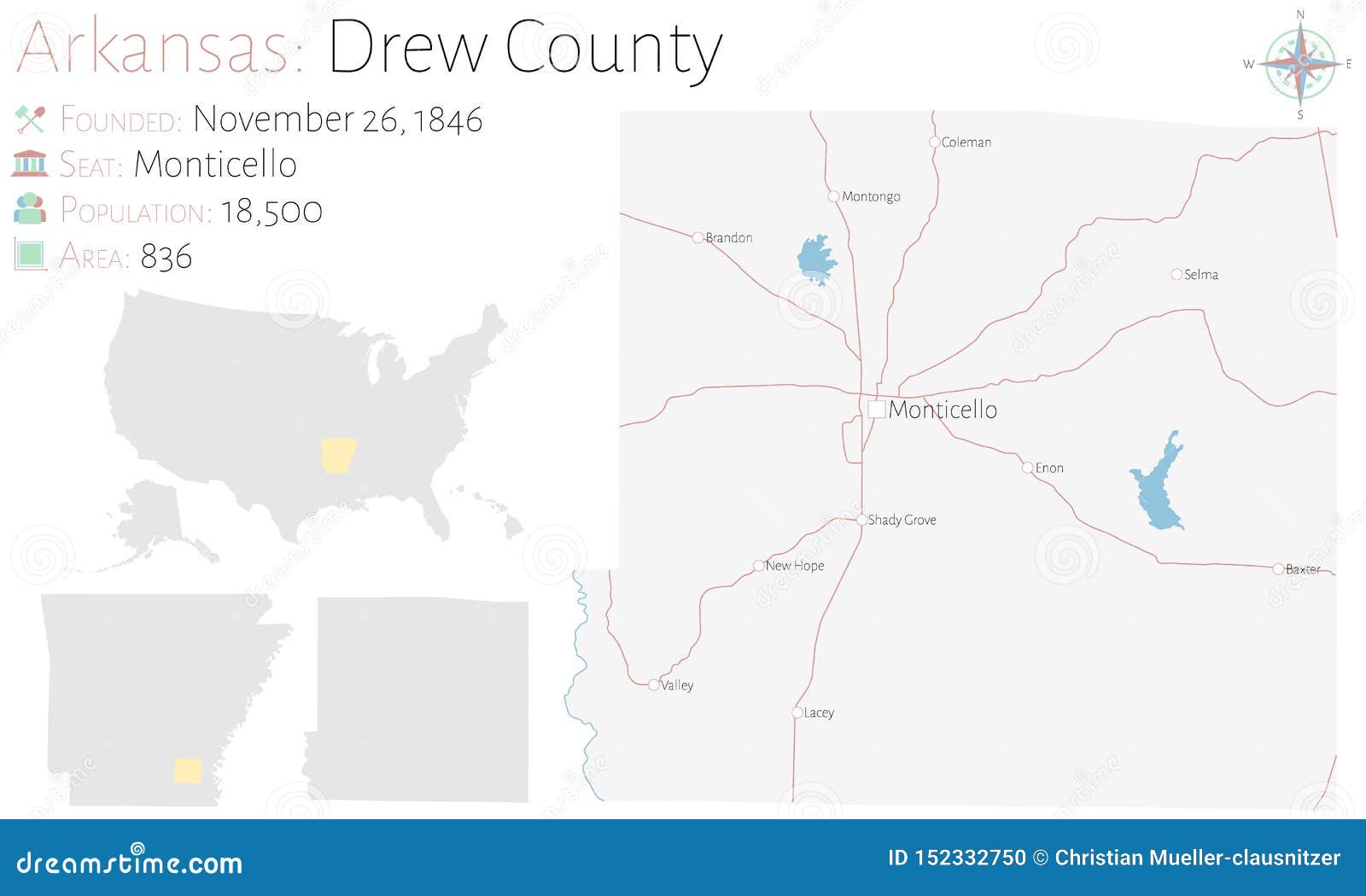 Map of Drew County in Arkansas Stock Vector - Illustration of cities ...