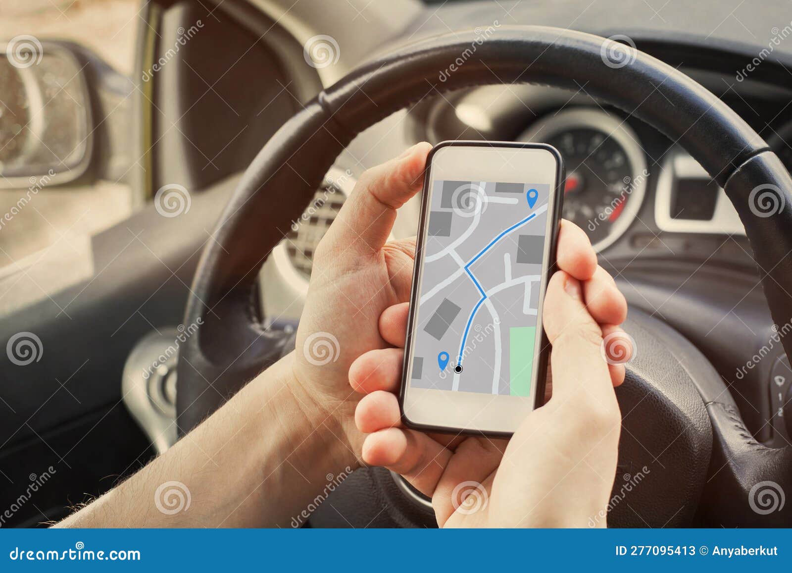 Map, Driver Using Direction Navigation on GPS Map on the Screen of ...