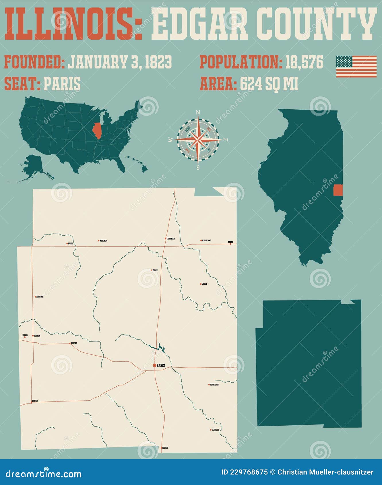 Map Of Edgar County In Illinois State On White Background. Single ...