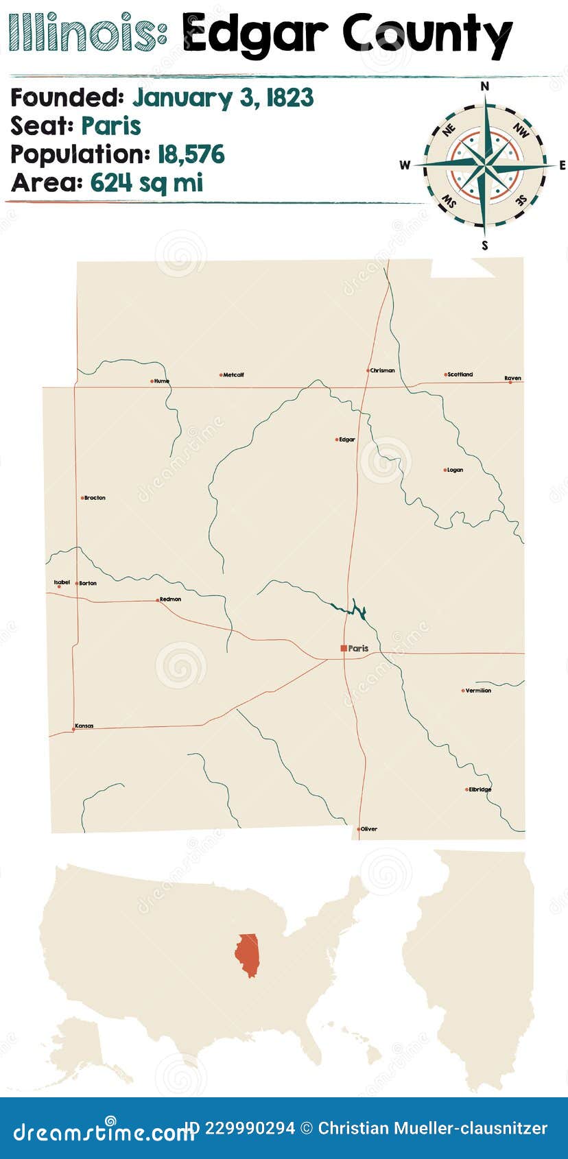 Map of Edgar County in Illinois Stock Vector - Illustration of road ...