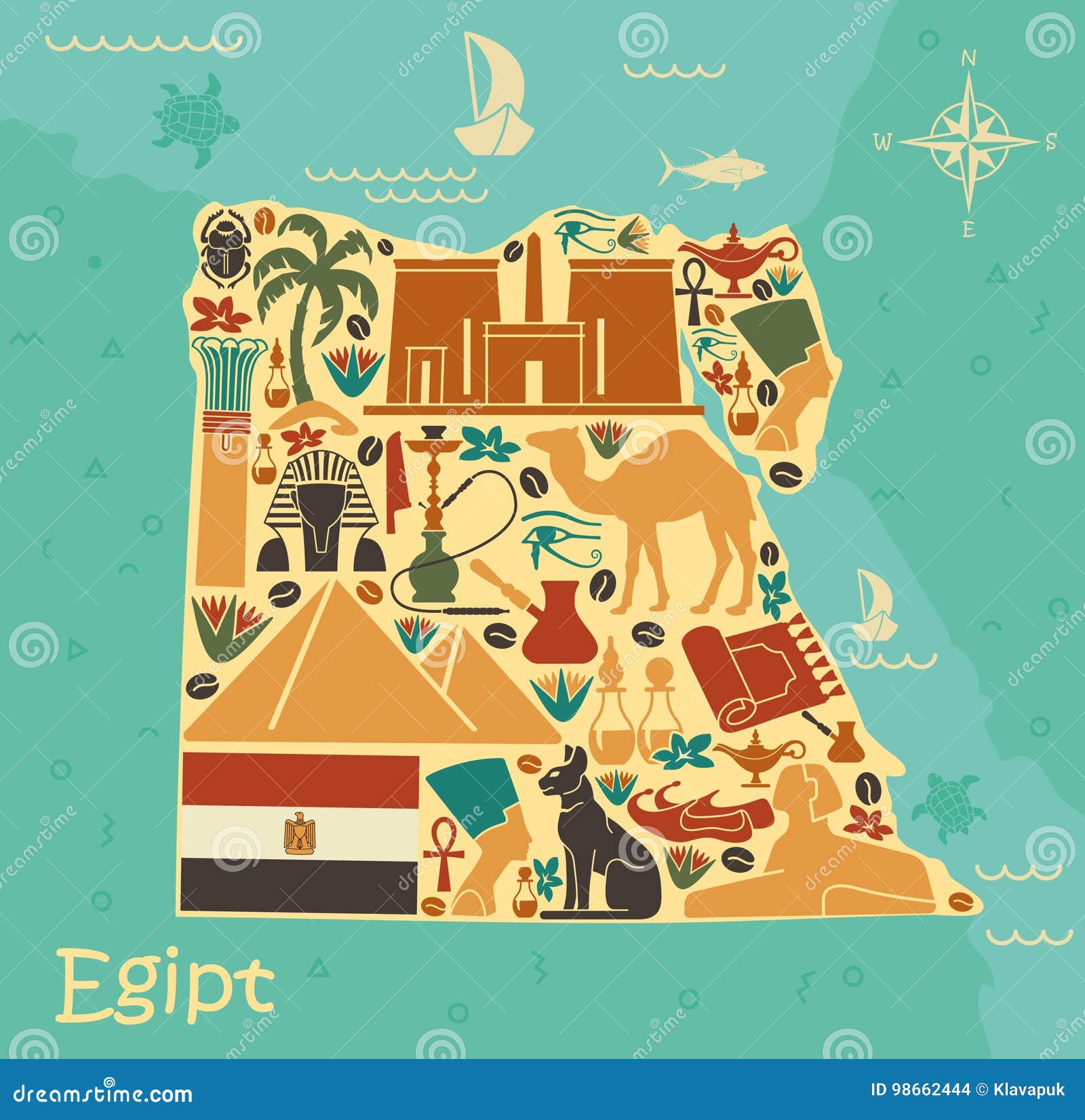 Map of Egypt with Traditional Symbols Stock Vector - Illustration of ...