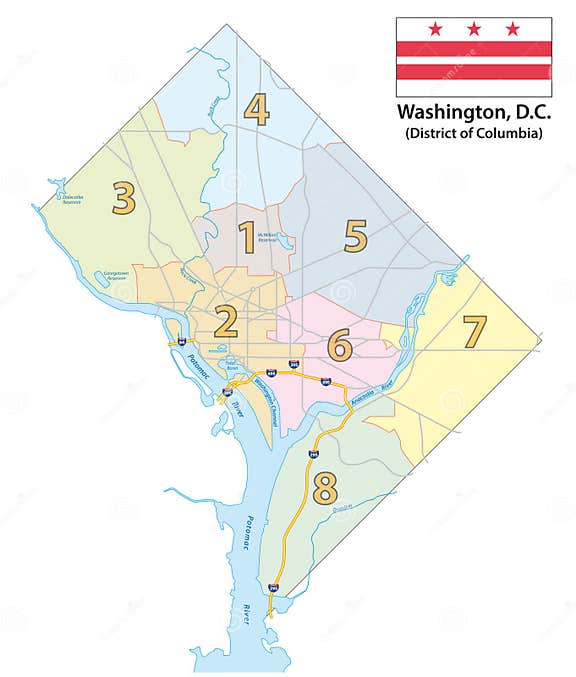Map of the Eight Districts of Washington DC with Flag Stock Vector ...