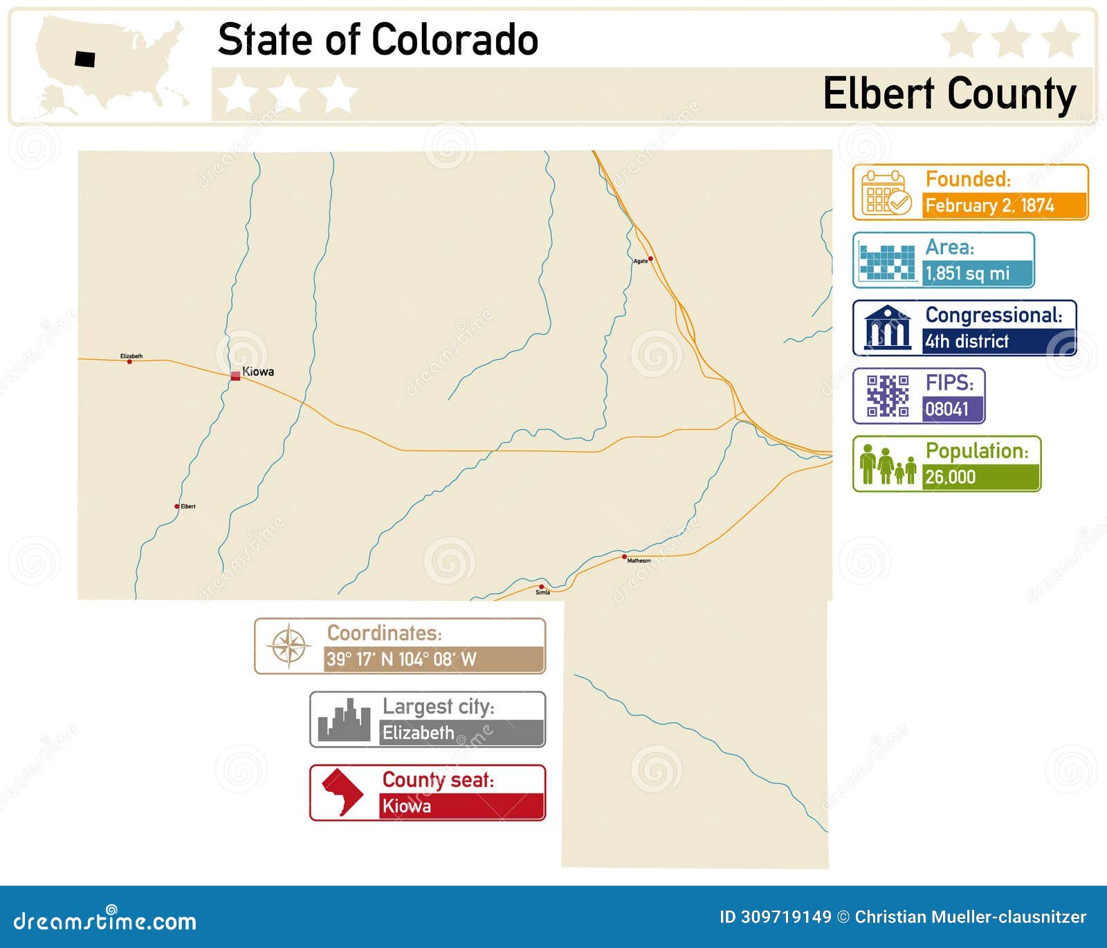 Map of Elbert County in Colorado USA Stock Vector - Illustration of ...