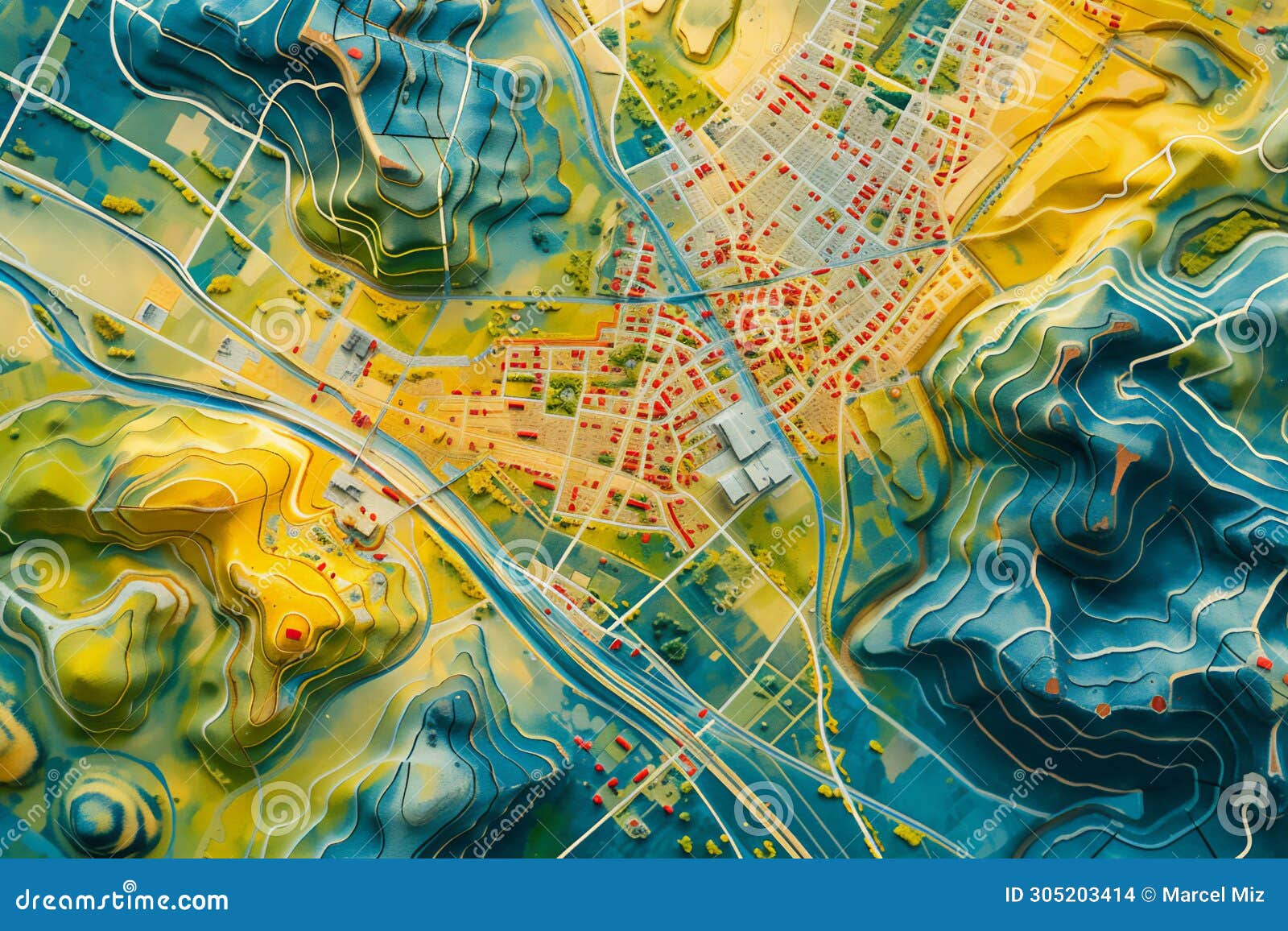 Map of Elevation of a City Urban Area with Roads and Junctions for GIS ...