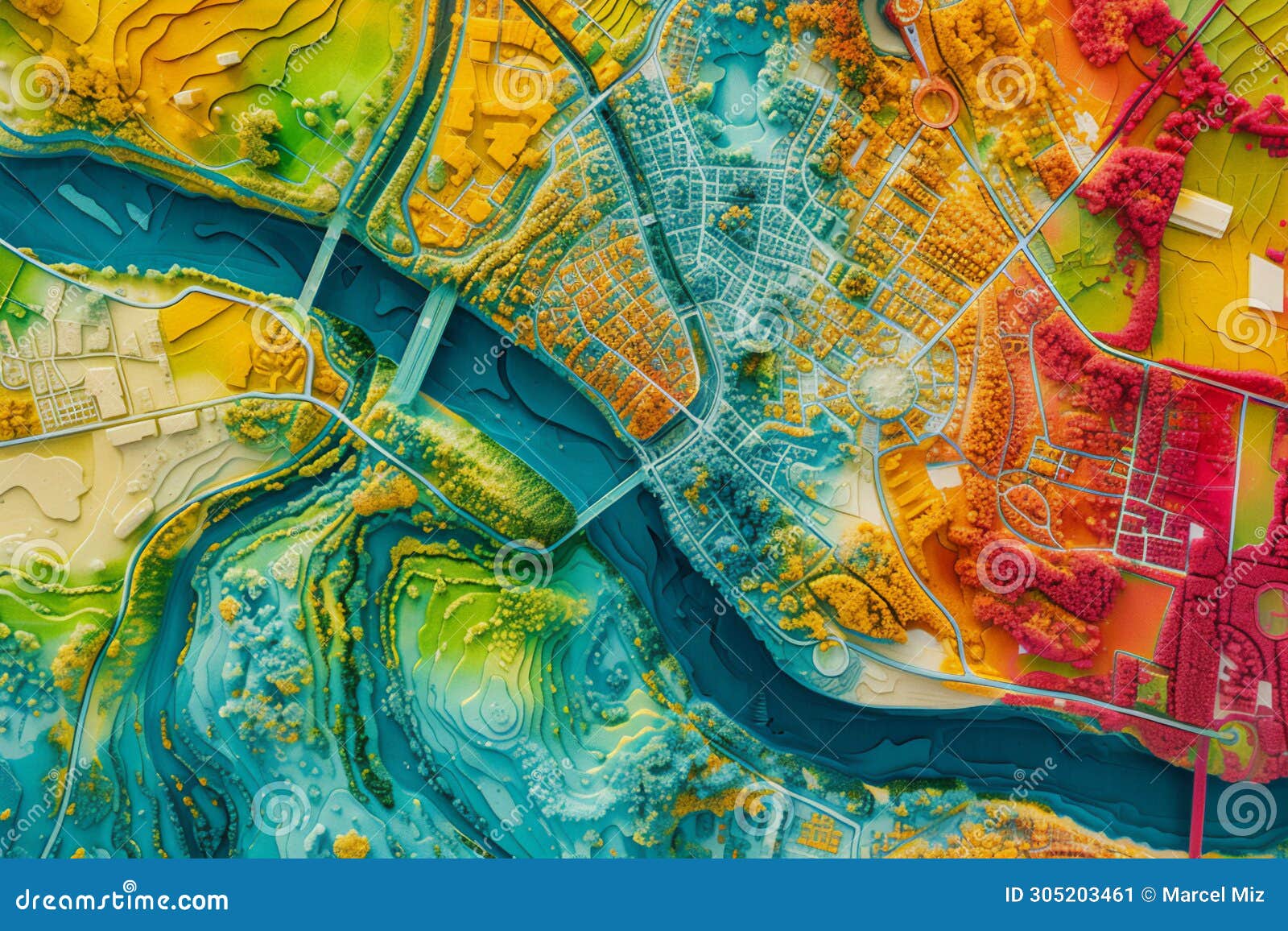 Map of Elevation of a City Urban Area with Roads and Junctions for GIS ...