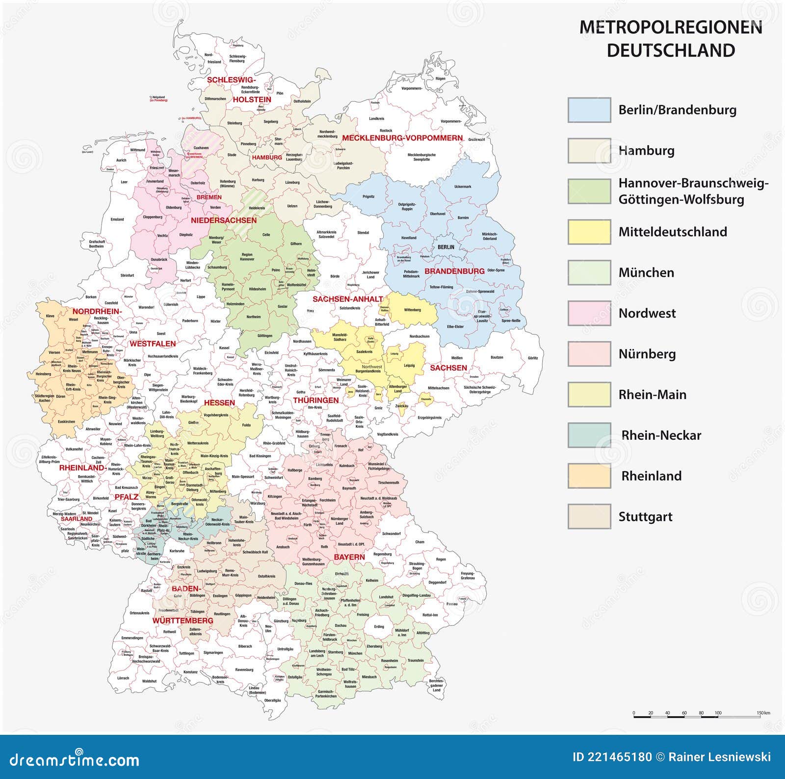 Map of the Eleven German Metropolitan Regions in German Language Stock ...