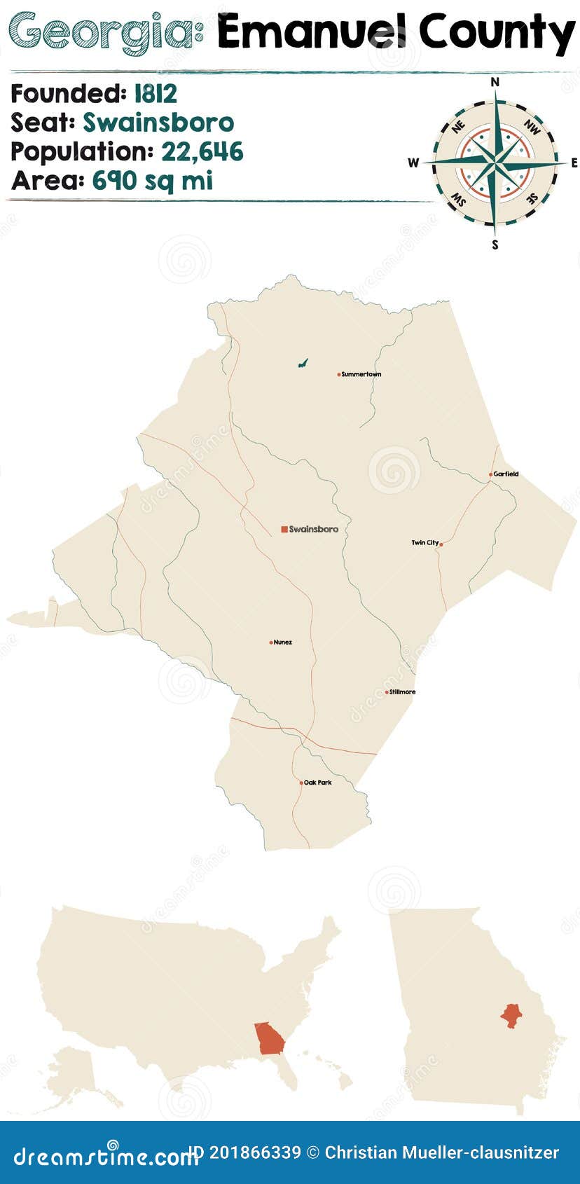 Map of Emanuel County in Georgia Stock Vector - Illustration of blue ...