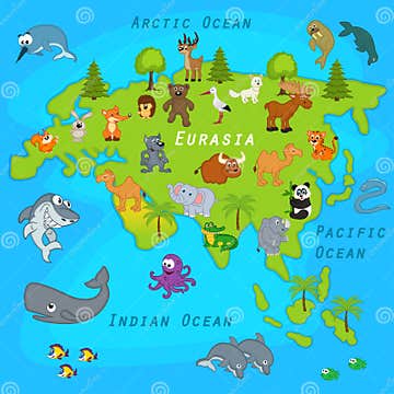 Map of Eurasia with Animals Stock Vector - Illustration of moose ...