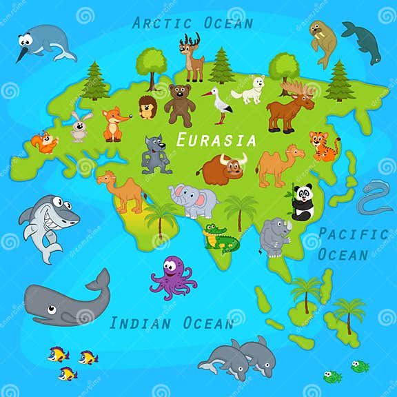 Map of Eurasia with Animals Stock Vector - Illustration of moose ...