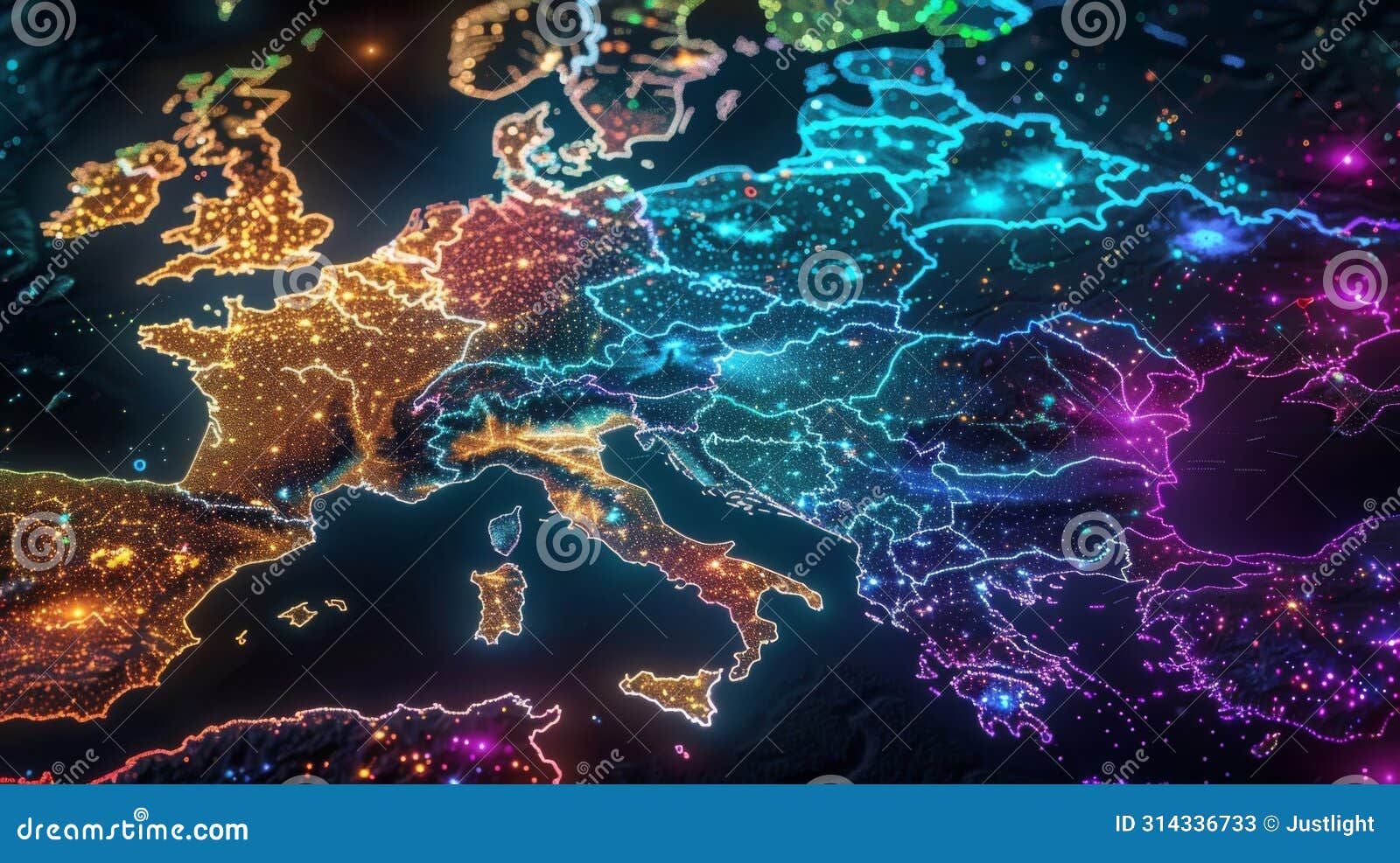 A Map of Europe is Displayed with Colorful Lights Highlighting ...