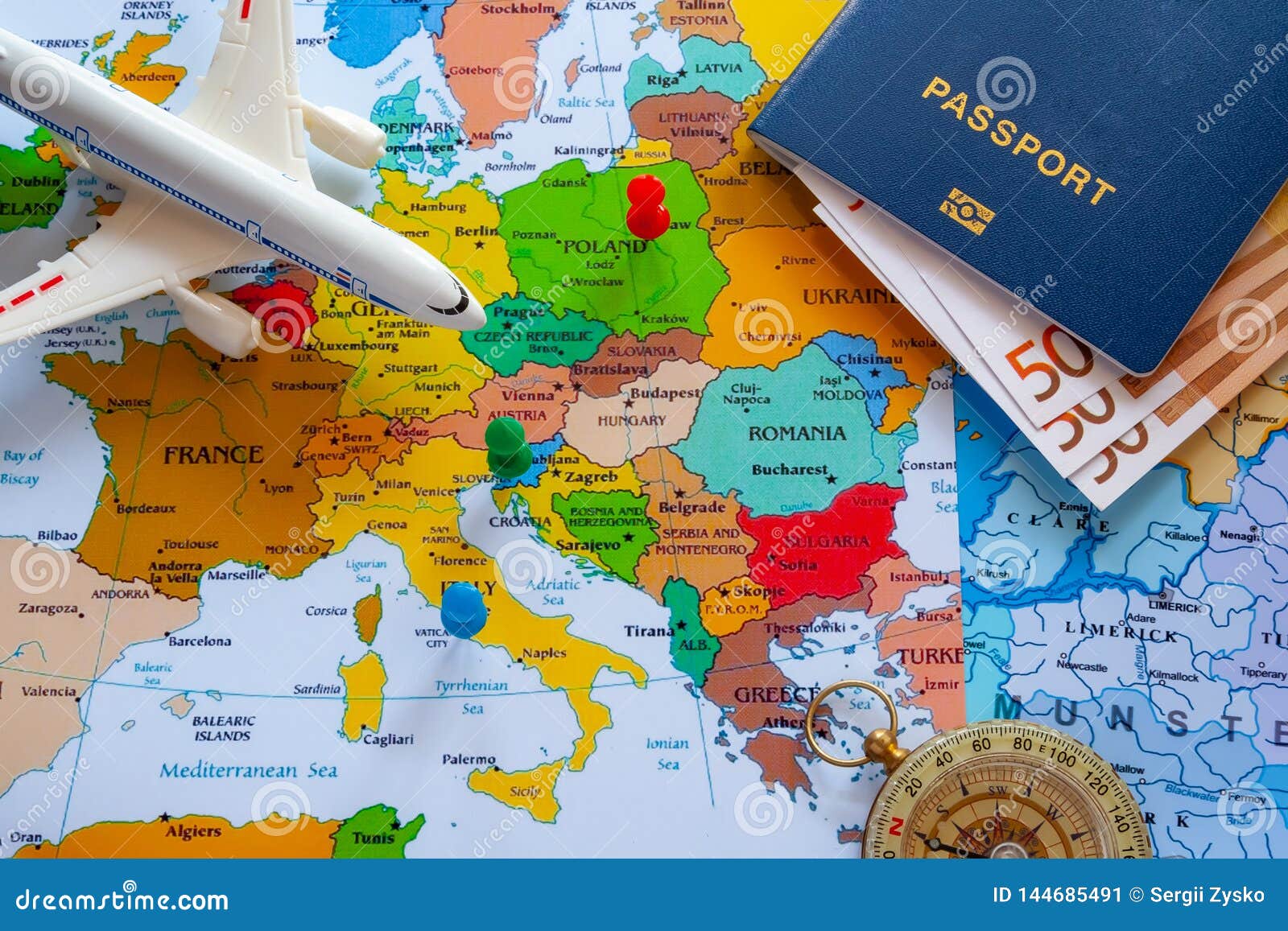 Map of Europe with Passport and Compass for Travel Stock Image - Image ...