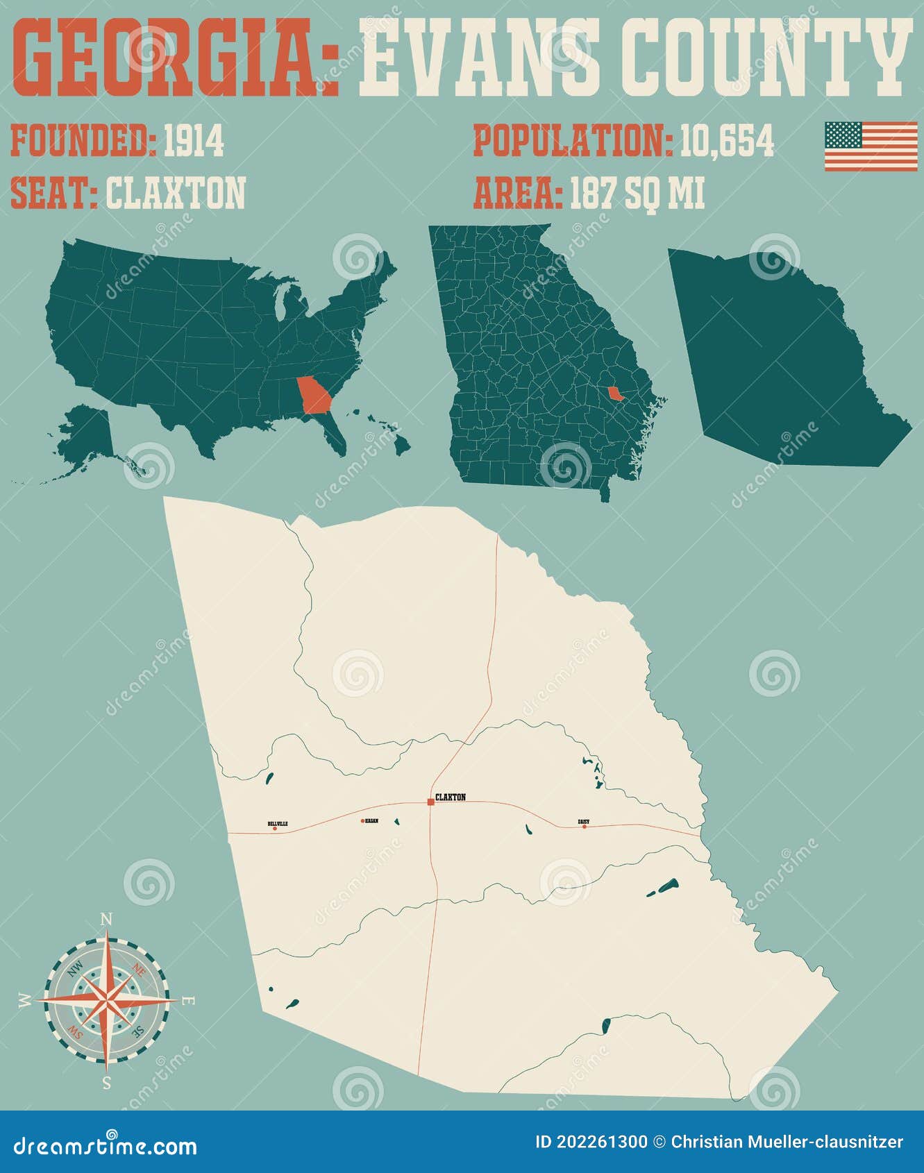 Map Of Evans County In Georgia State On White Background. Single County ...
