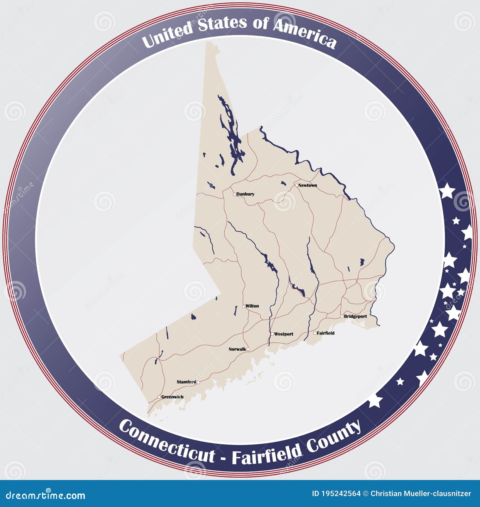Map of Fairfield County in Connecticut Stock Vector - Illustration of ...