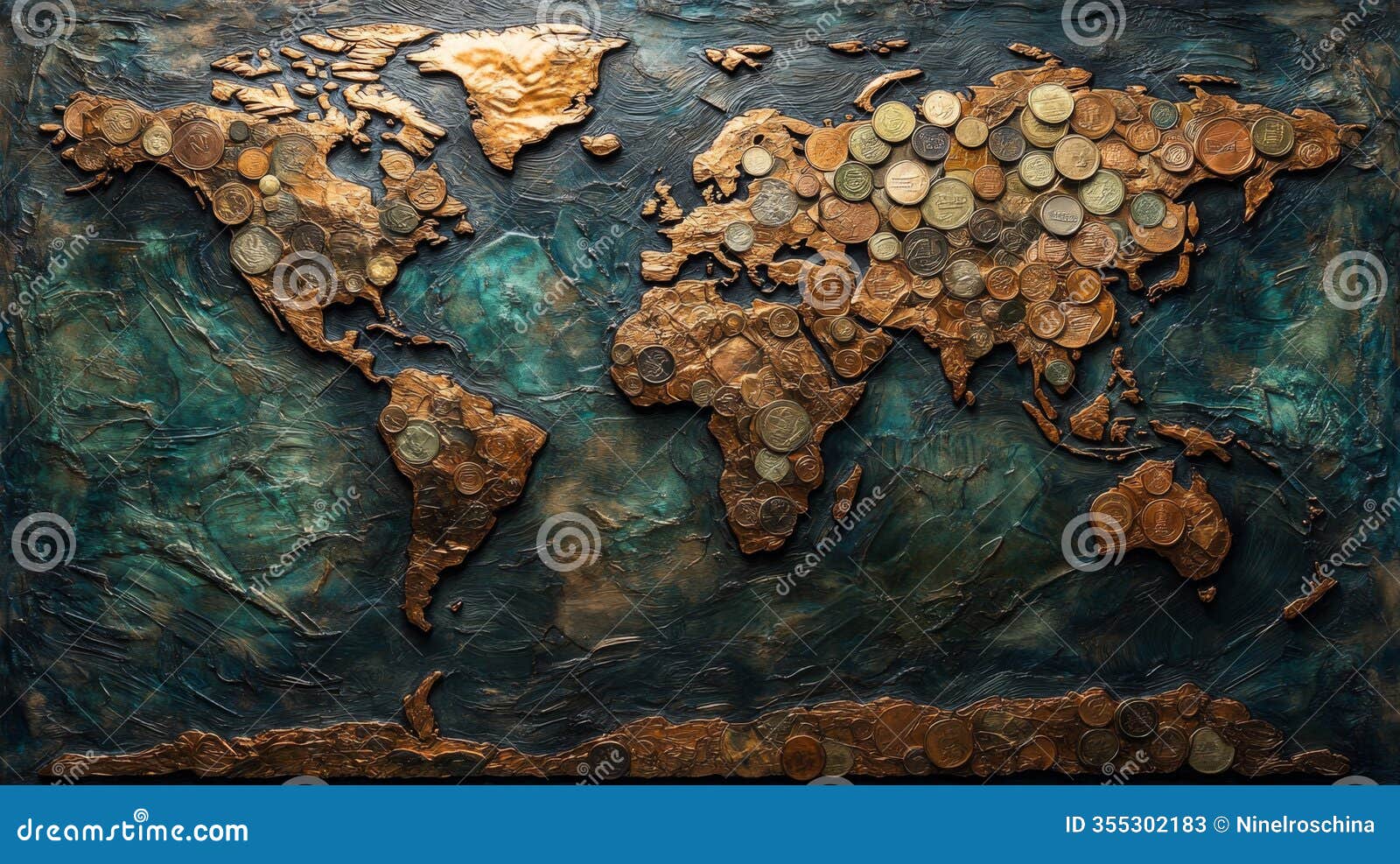 Map Featuring World Continents in Relief with Metallic Coins Embedded ...