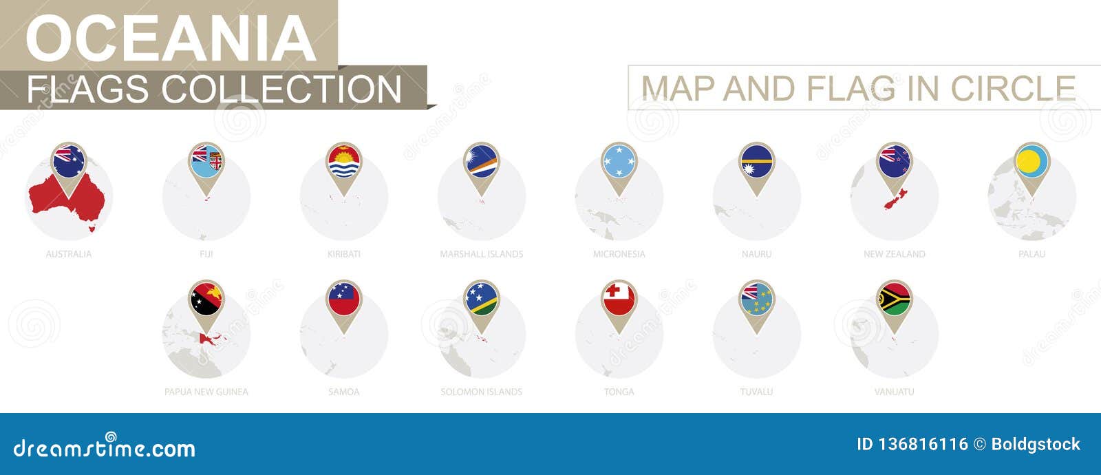 Oceanian Countries Detailed Map Collection, Blue Map Pin With Country ...