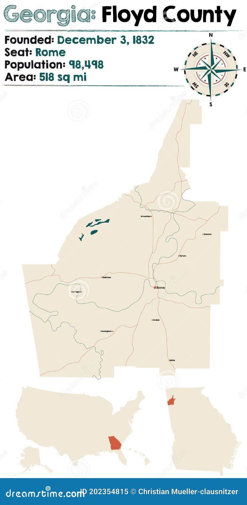 Map of Floyd County in Georgia Stock Vector - Illustration of rome ...