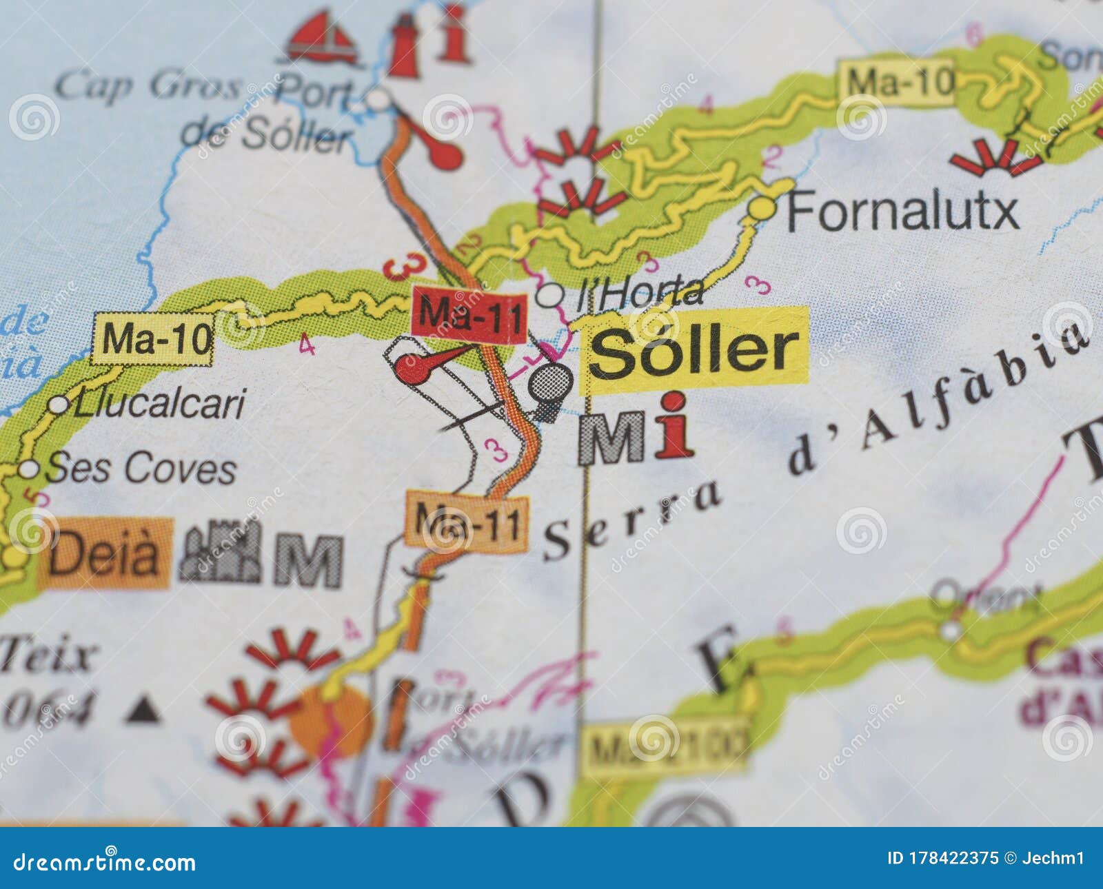 A Map with the Focus on the City of Soller. Holiday Travel Concept ...