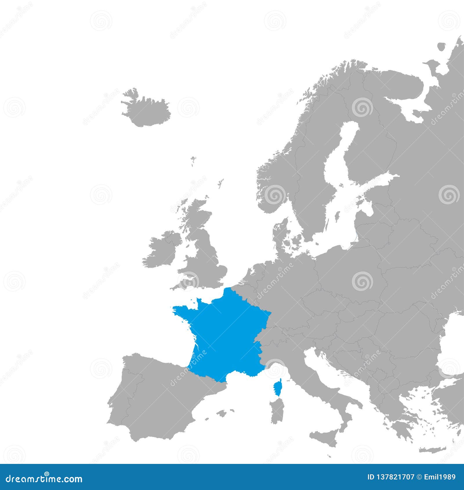 The Map of France is Highlighted in Blue on the Map of Europe Stock ...