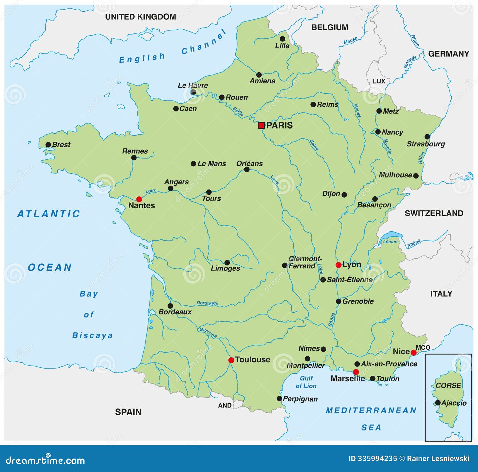 Map of France with the Most Important Cities and Rivers Stock Vector ...