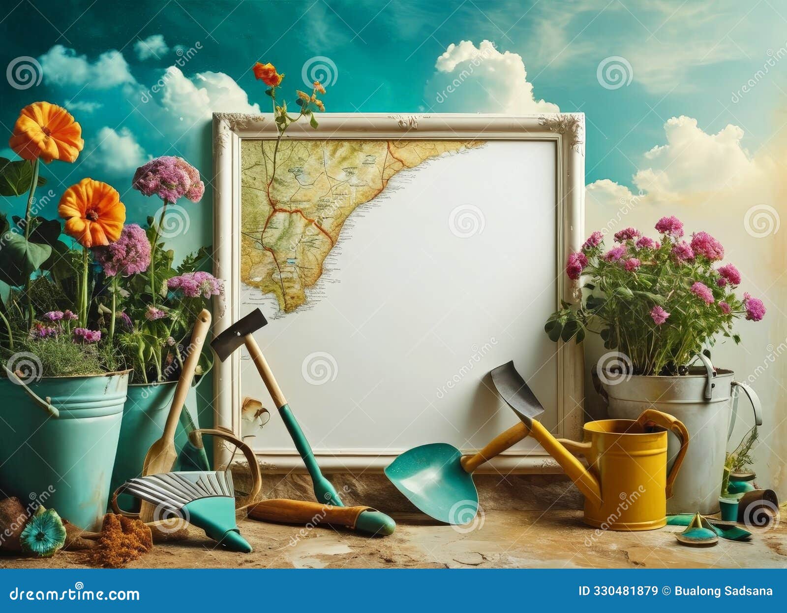 Map and Gardening Tools on Table Stock Illustration - Illustration of ...