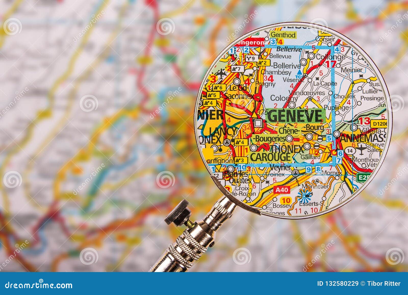Map of Genf Geneve with Magnifying Glass on Table Stock Image - Image ...
