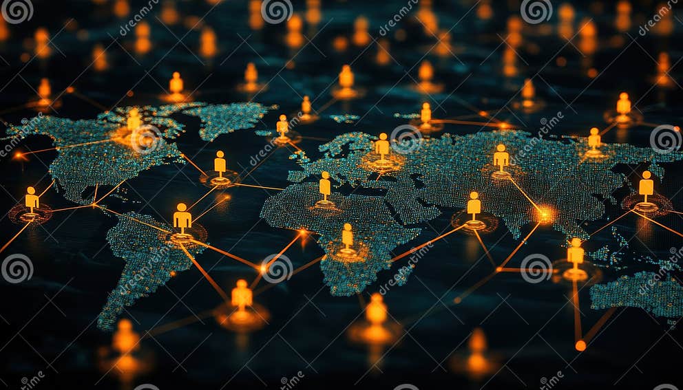 Map of Glowing Nodes and Human Icons Representing Global Network ...
