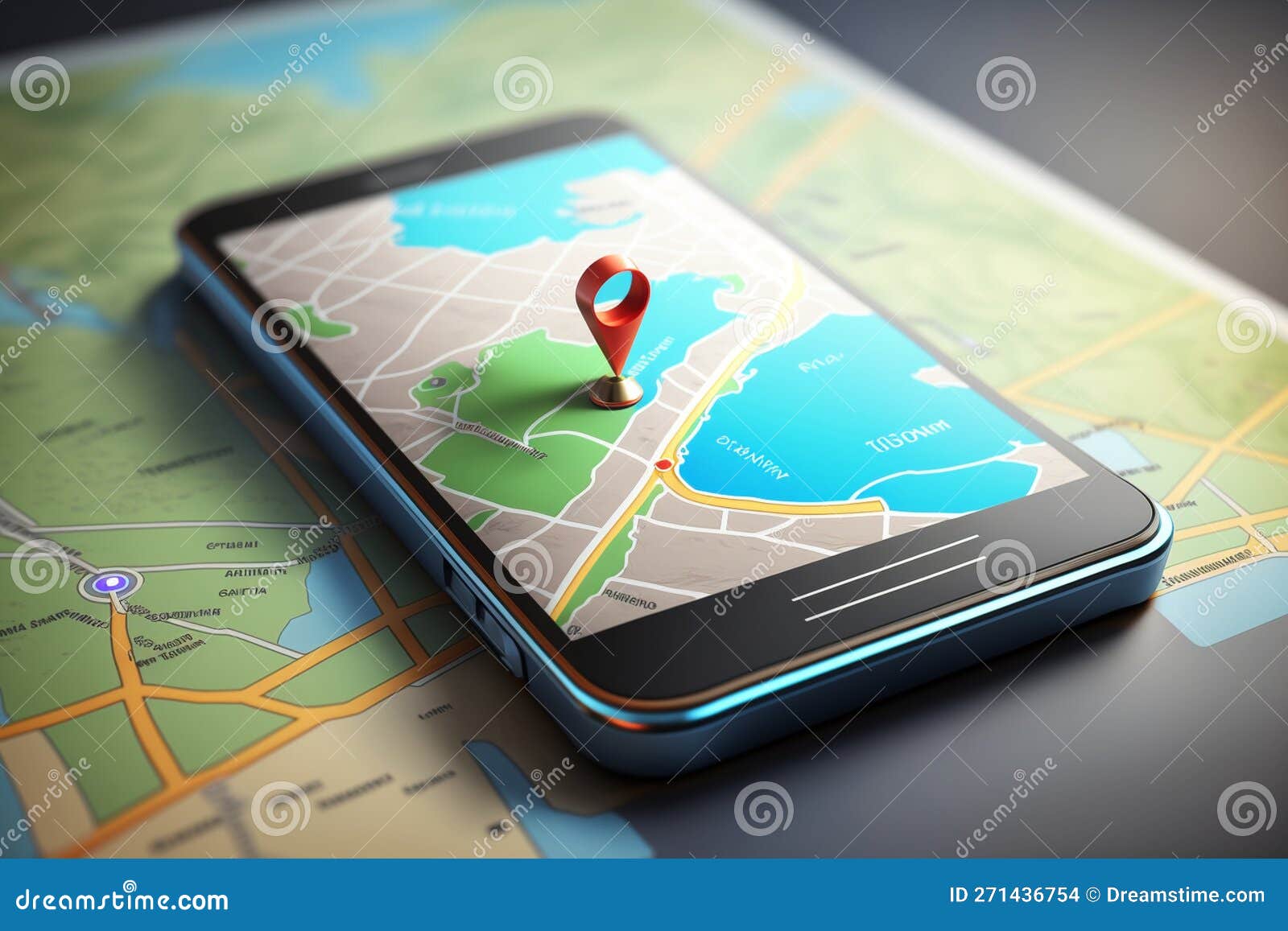 Map GPS Navigation, Smartphone Map Application and Red Pinpoint on Screen. AI Generated Stock ...