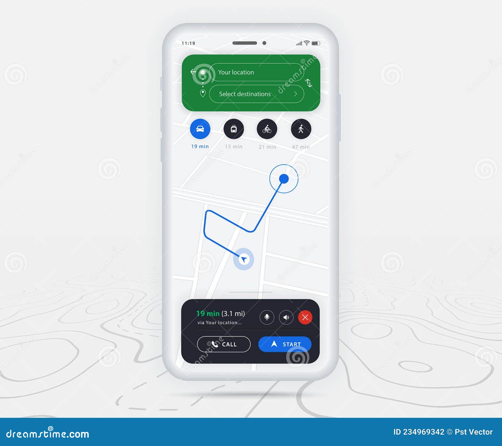 Map Gps Navigation Ux Ui Concept Smartphone Map Application Destination Point On Screen App