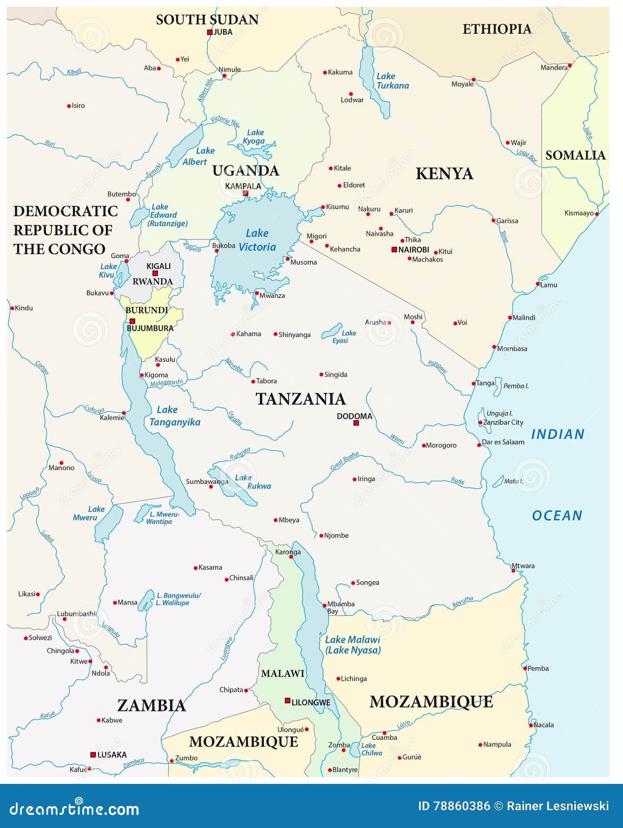 Map of the Great African Lakes Stock Vector - Illustration of border ...