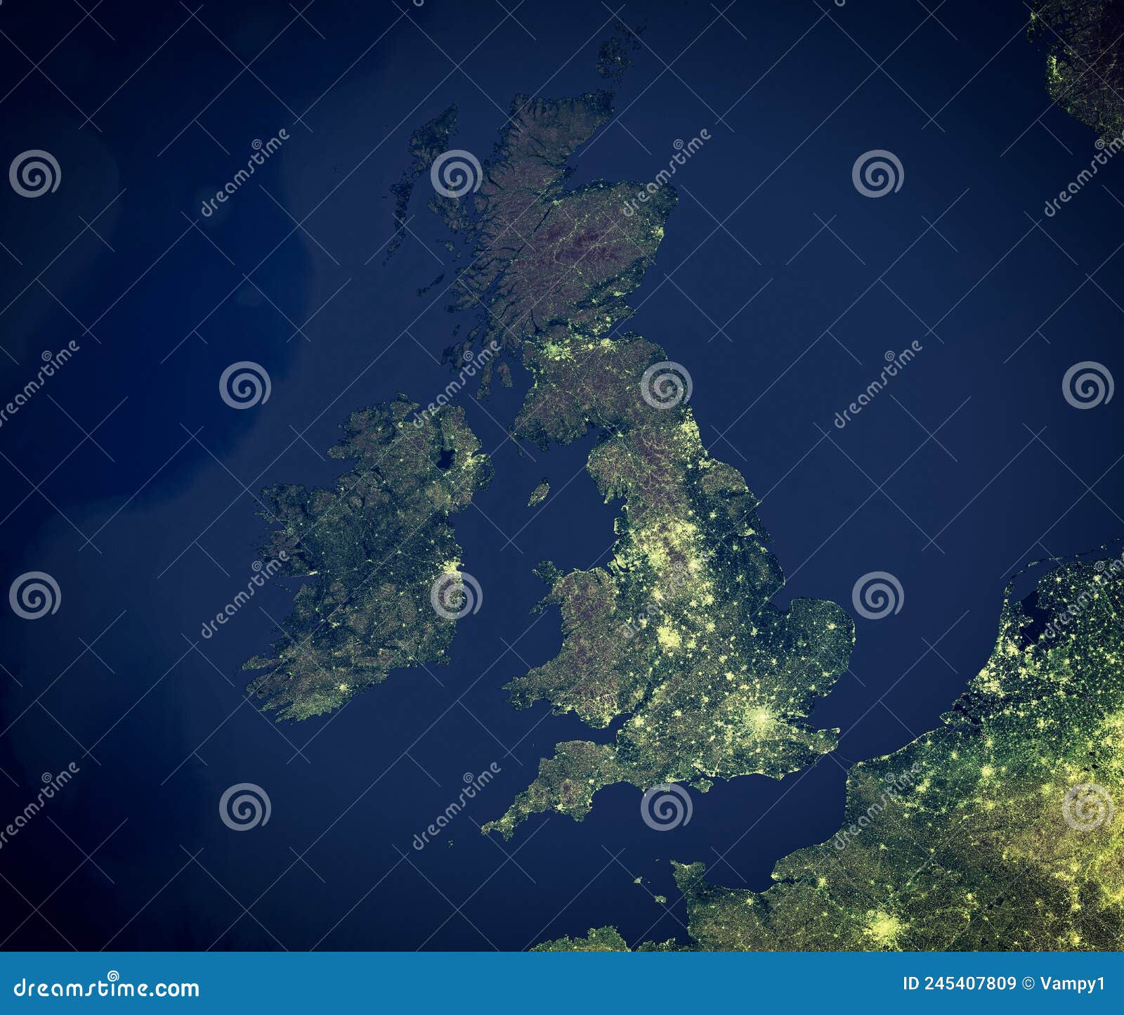 Map of Great Britain and Ireland, Satellite View at Night Stock ...