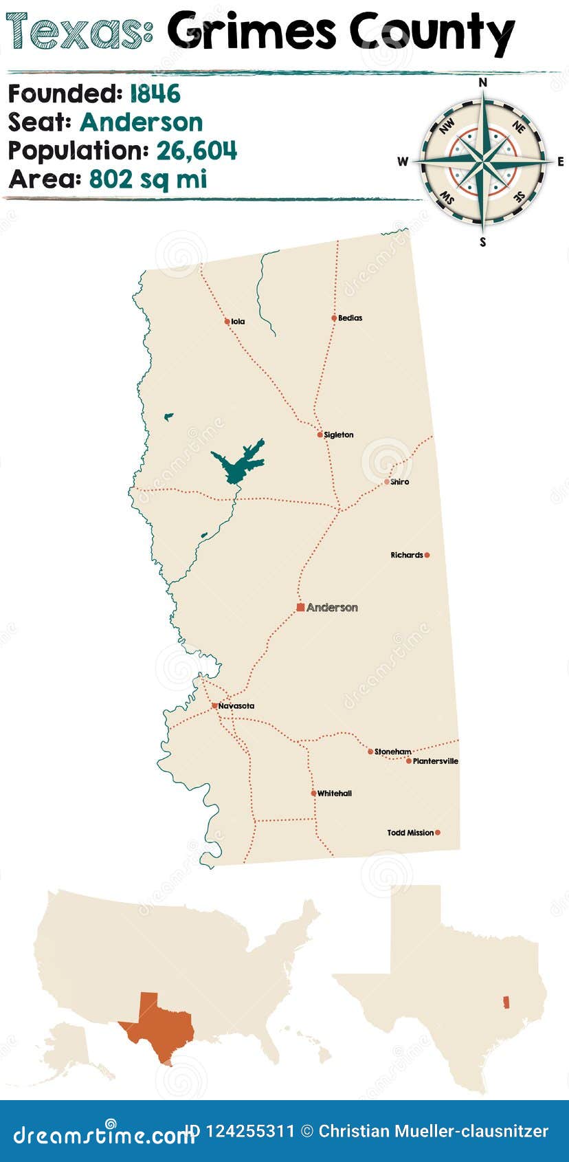 Map of Grimes County in Texas Stock Vector - Illustration of lakes ...