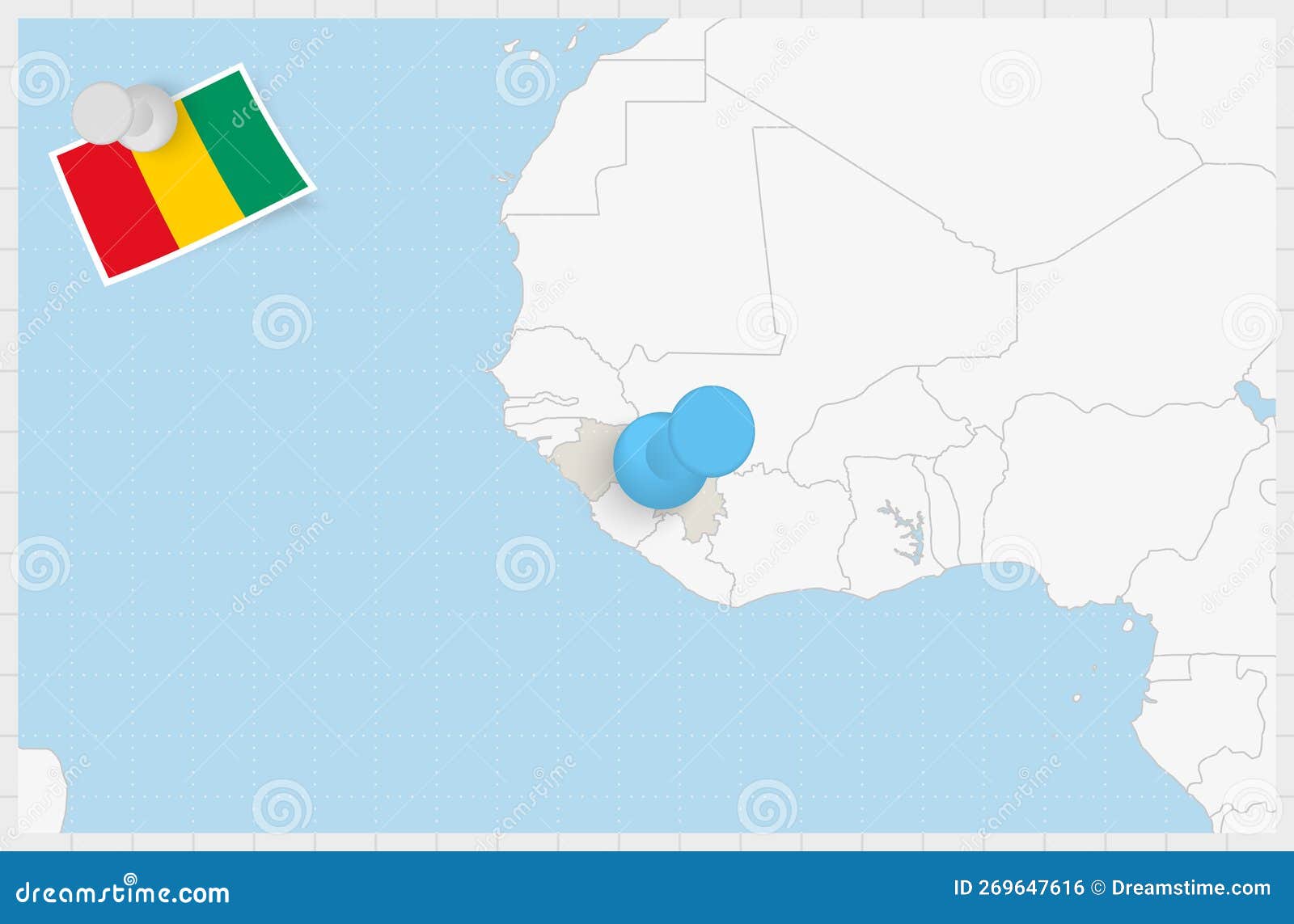 Map of Guinea with a Pinned Blue Pin. Pinned Flag of Guinea Stock ...
