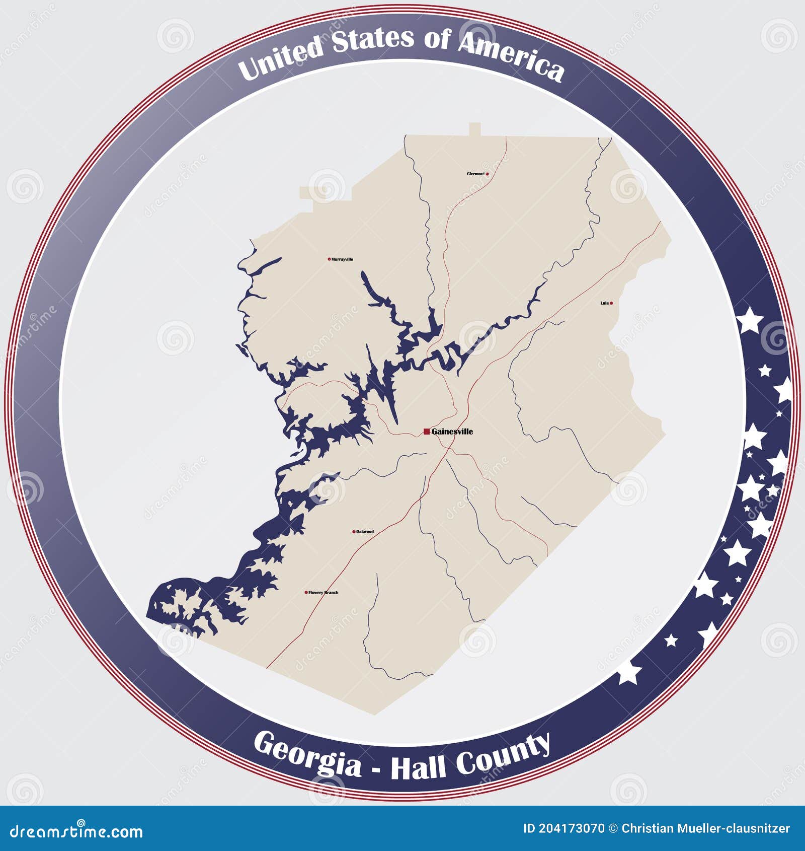 Map of Hall County in Georgia Stock Vector - Illustration of blue, road ...