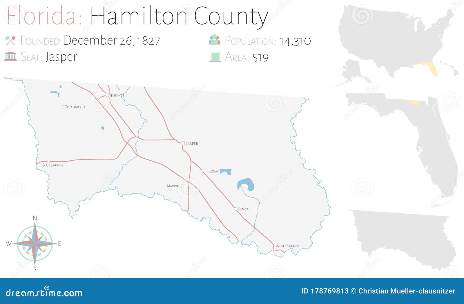 Map of Hamilton County in Florida Stock Vector - Illustration of rivers, nation: 178769813