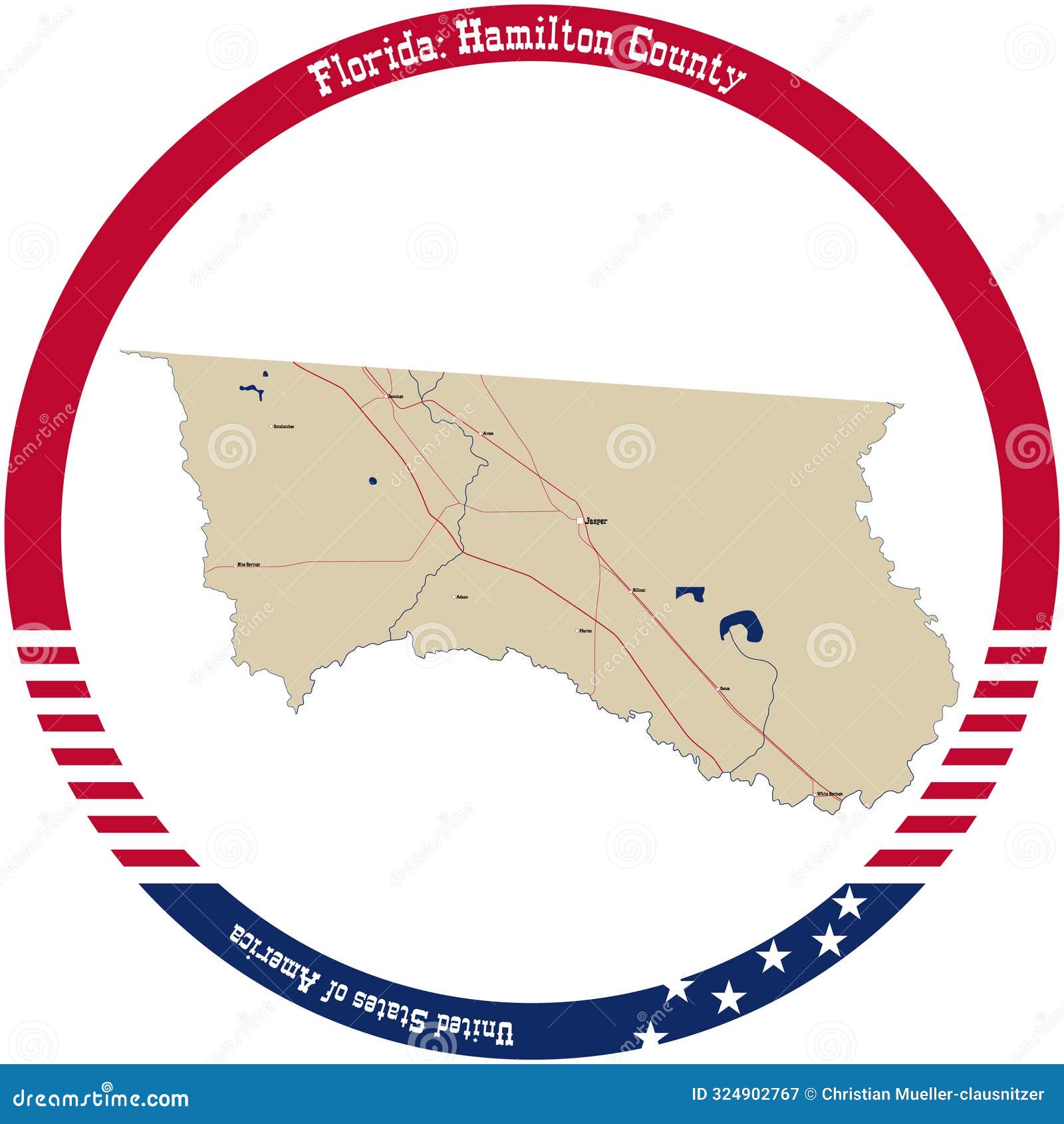 Map Of Hamilton County In Florida State On White Background. Single ...