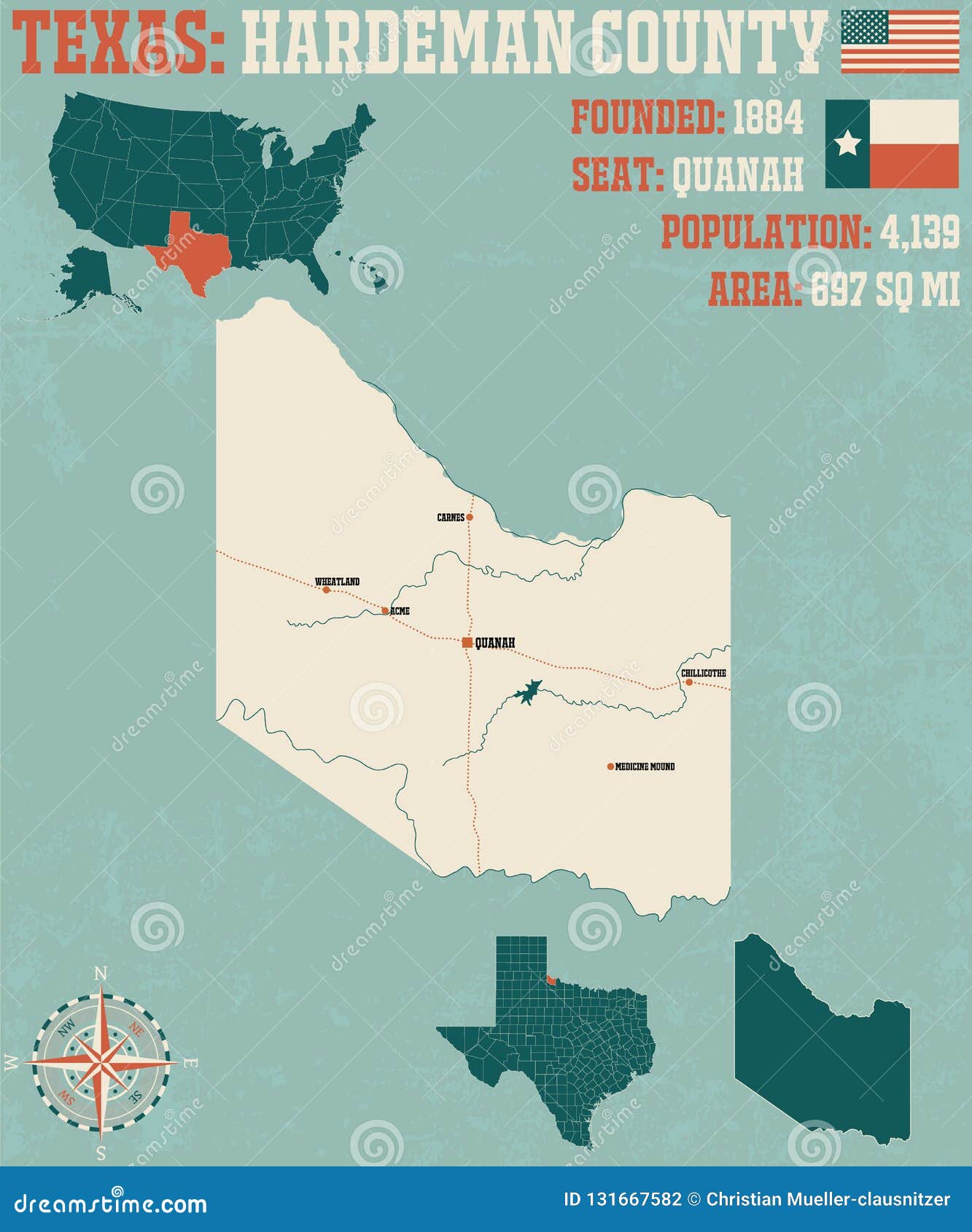 Map of Hardeman County in Texas Stock Vector - Illustration of rivers ...