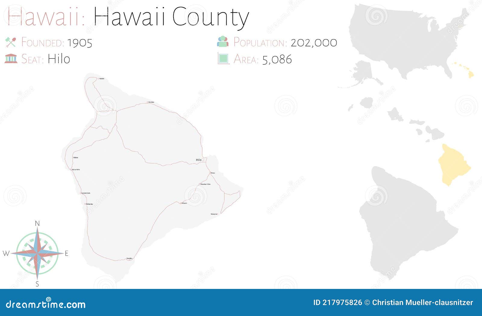Map of Hawaii County in Hawaii Stock Vector - Illustration of geography ...