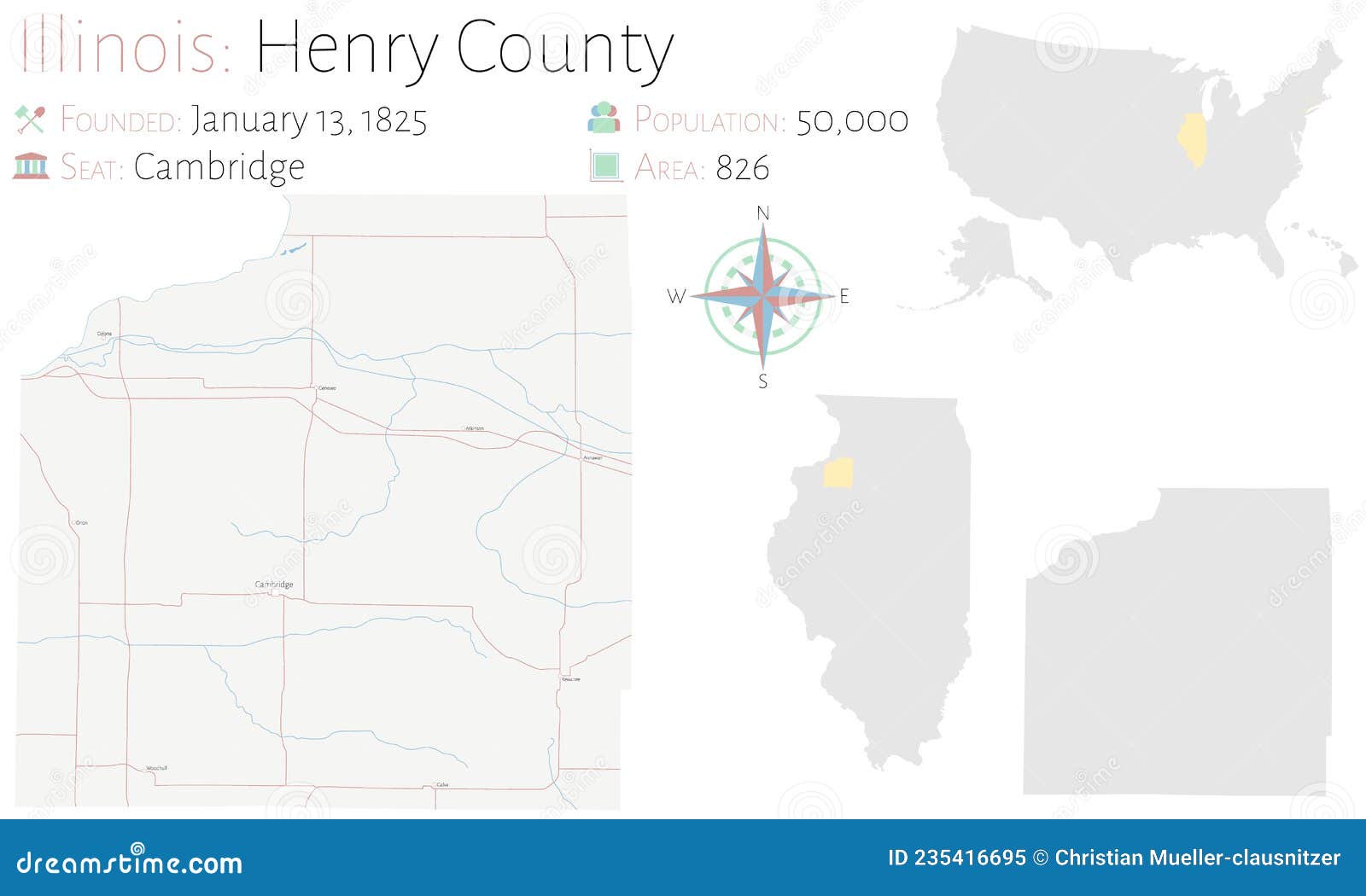 Map of Henry County in Illinois Stock Vector - Illustration of ...