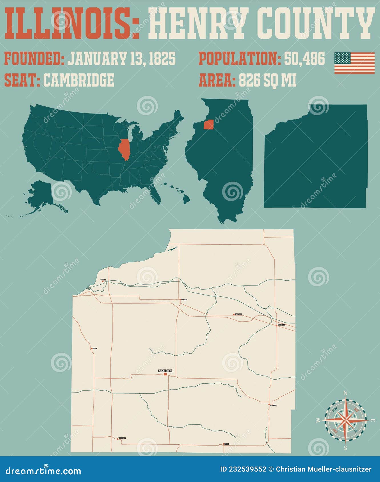 Map of Henry County in Illinois Stock Vector - Illustration of lakes ...