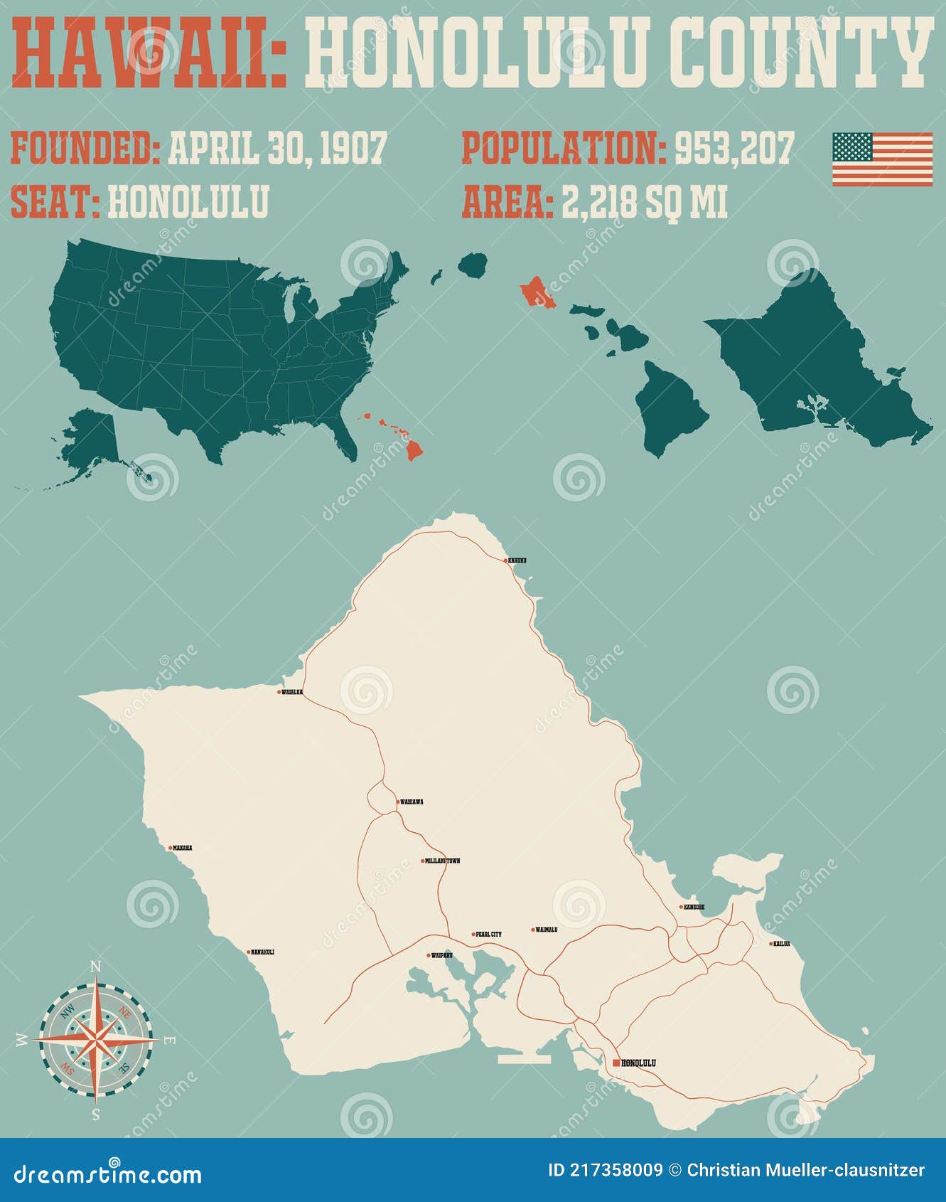 Map Of Honolulu County In Hawaii State On White Background. Single ...