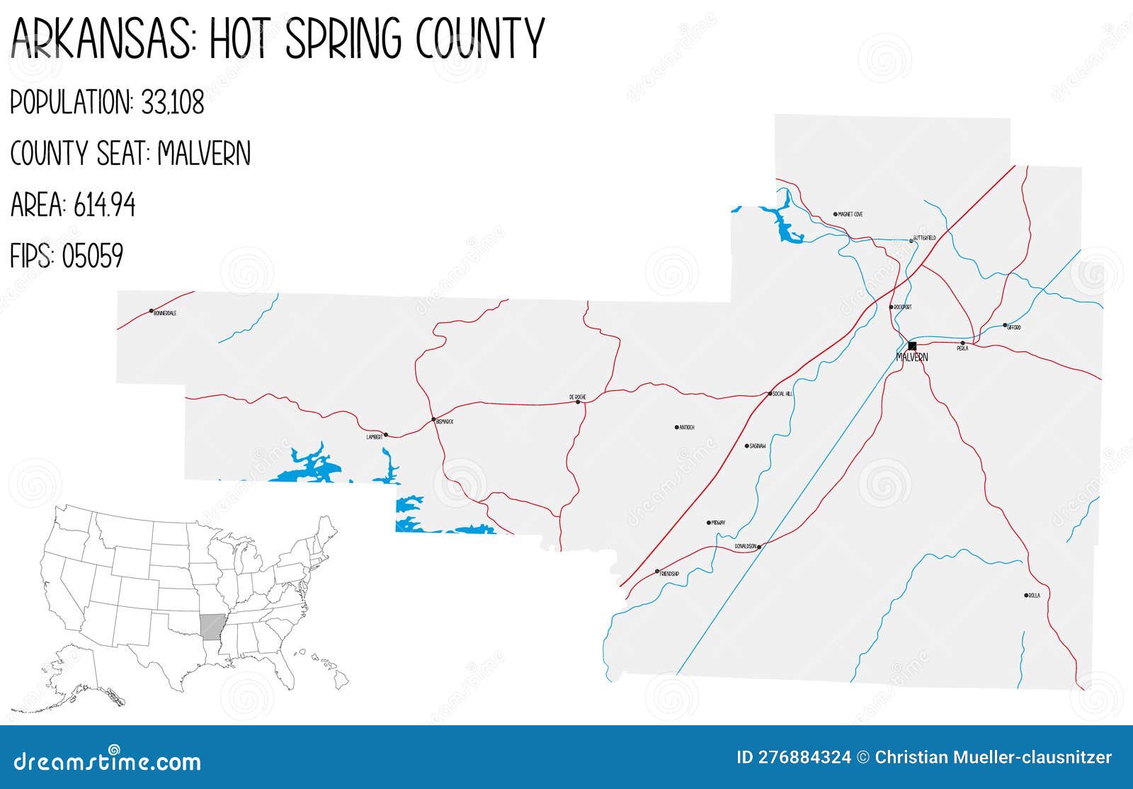 Map of Hot Spring County in Arkansas, USA. Stock Vector - Illustration ...