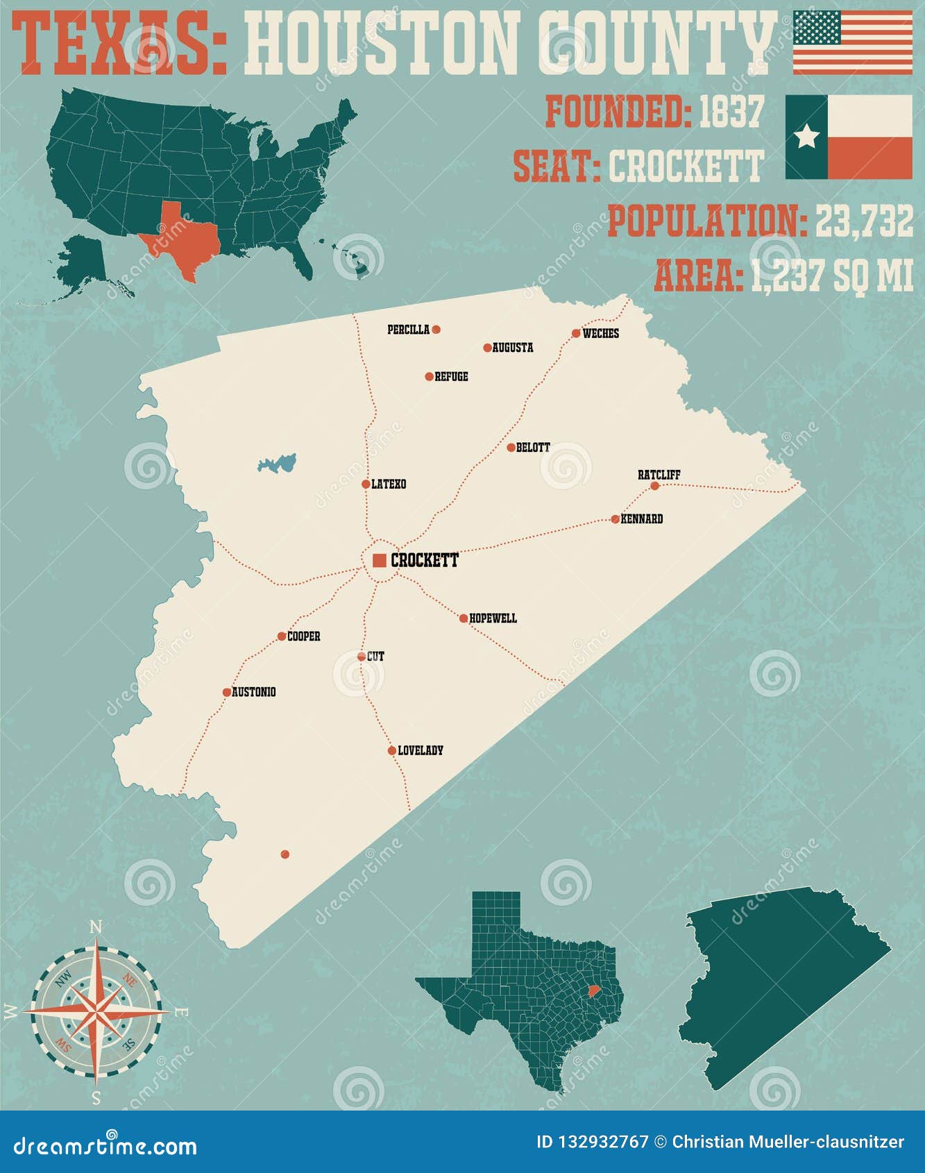 Map of Houston County in Texas Stock Vector - Illustration of texas ...