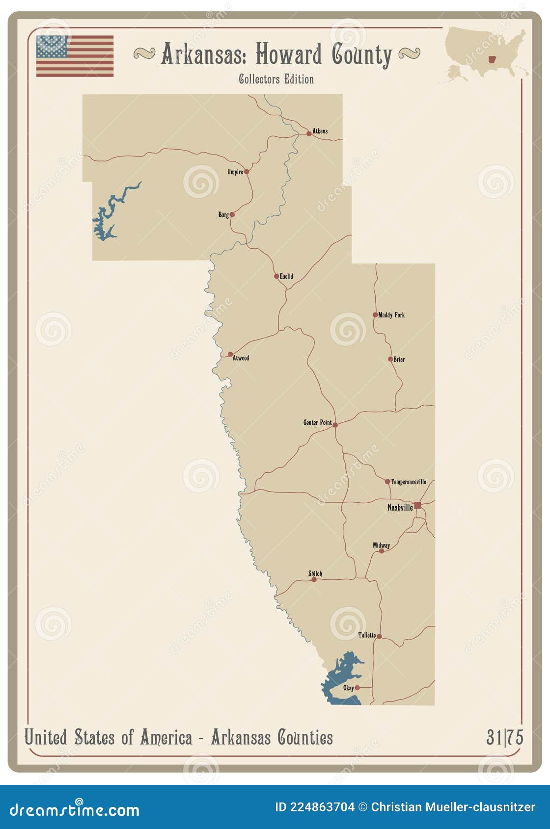 Map of Howard County in Arkansas Stock Vector - Illustration of rivers ...