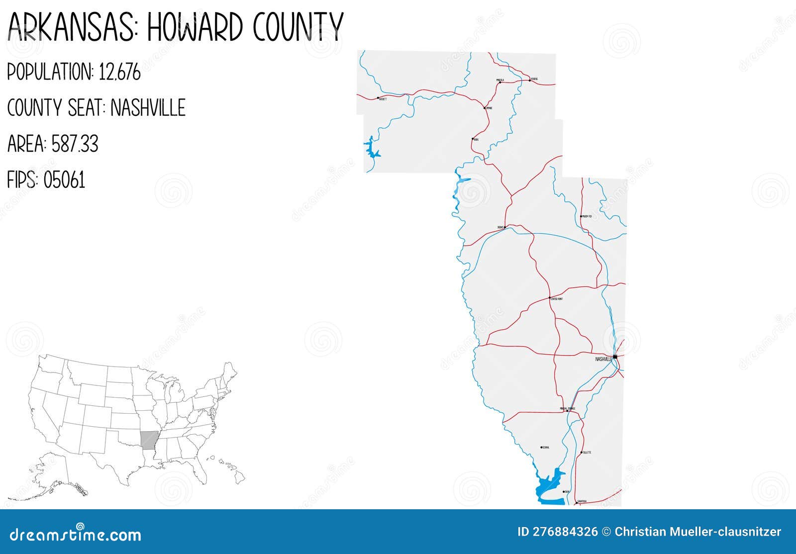 Map of Howard County in Arkansas, USA. Stock Vector - Illustration of ...