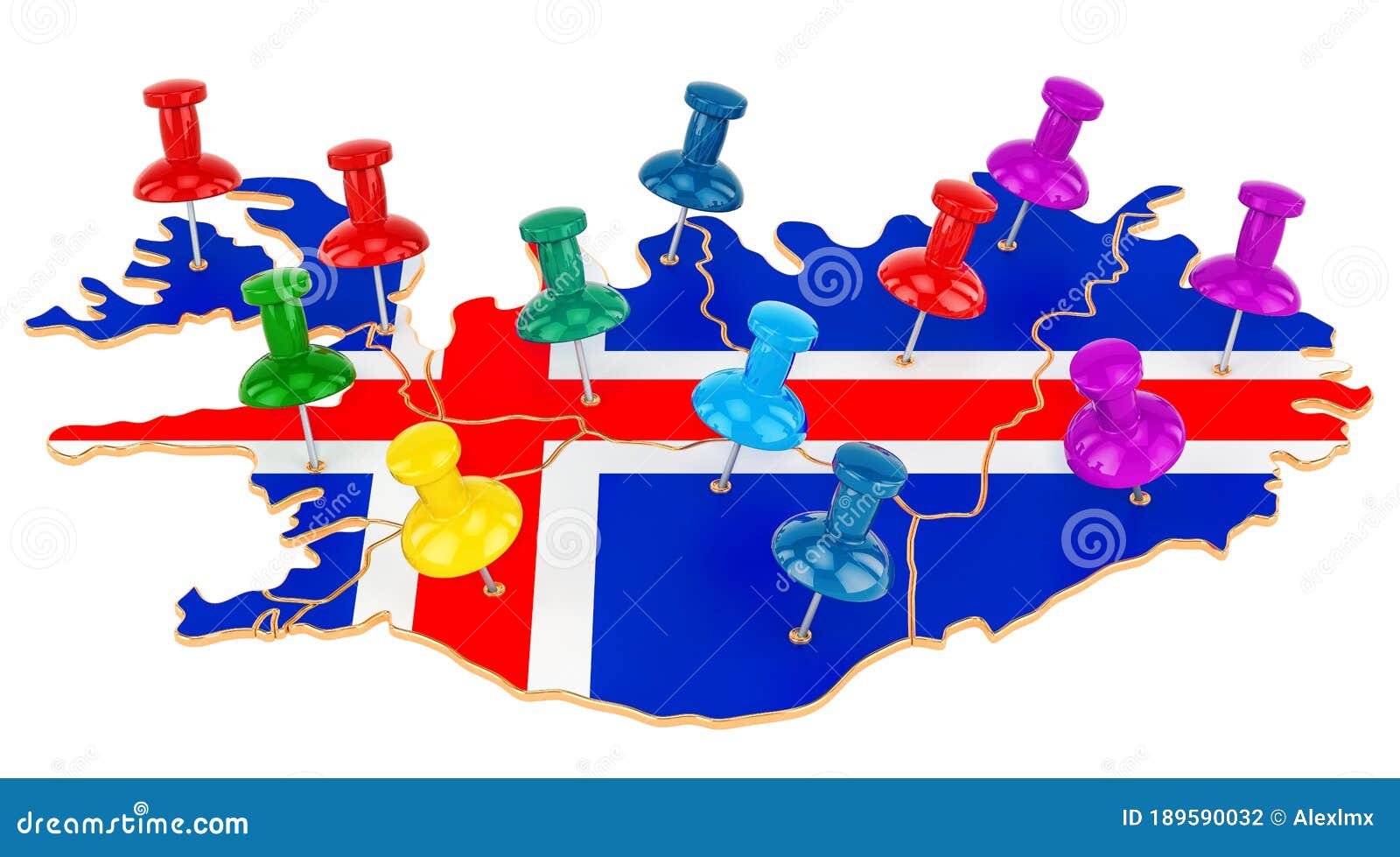 Map of Iceland with Colored Push Pins, 3D Rendering Stock Illustration ...